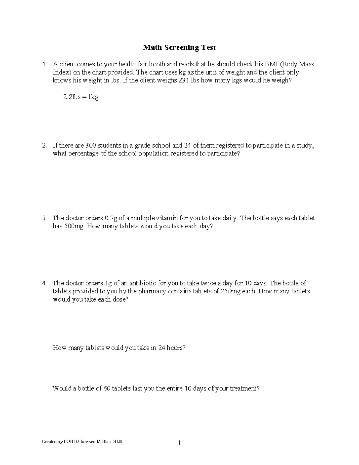 Math Screening Test Sheet(1) - Math Screening Test A client comes to ...