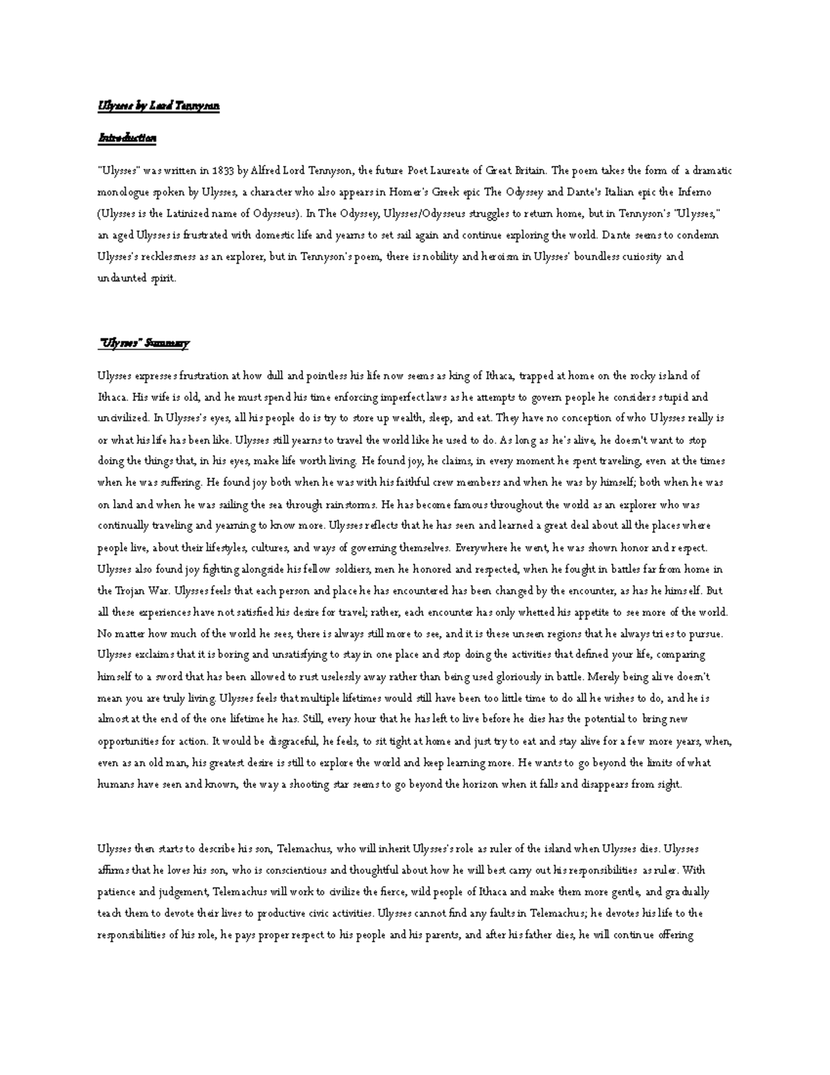 Ulysses by Lord Tennyson - Ulysses by Lord Tennyson Introduction ...