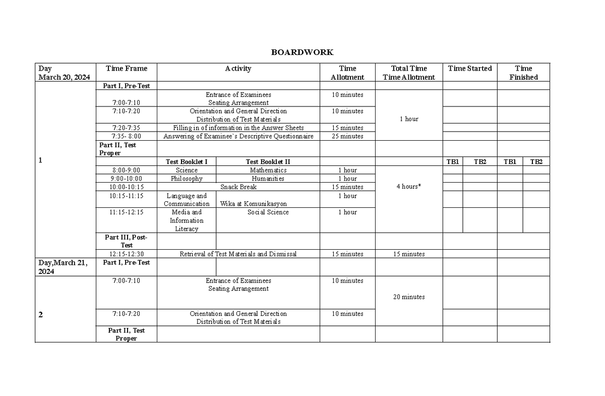 Boardwork NATG12 - BOARDWORK Day March 20, 2024 Time Frame Activity Time Allotment Total Time ...