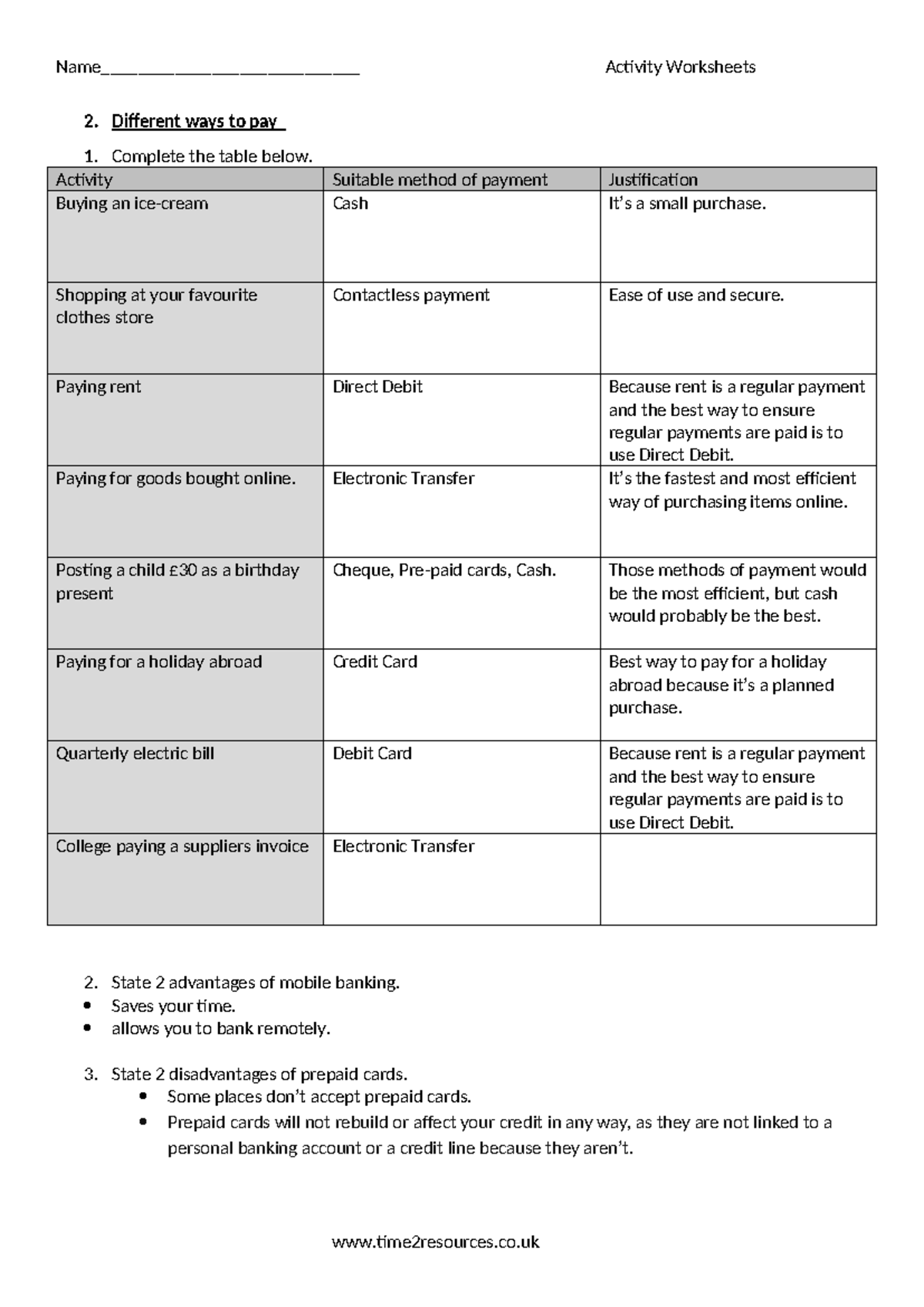2 Different ways to pay p - Name____________________________ Activity ...