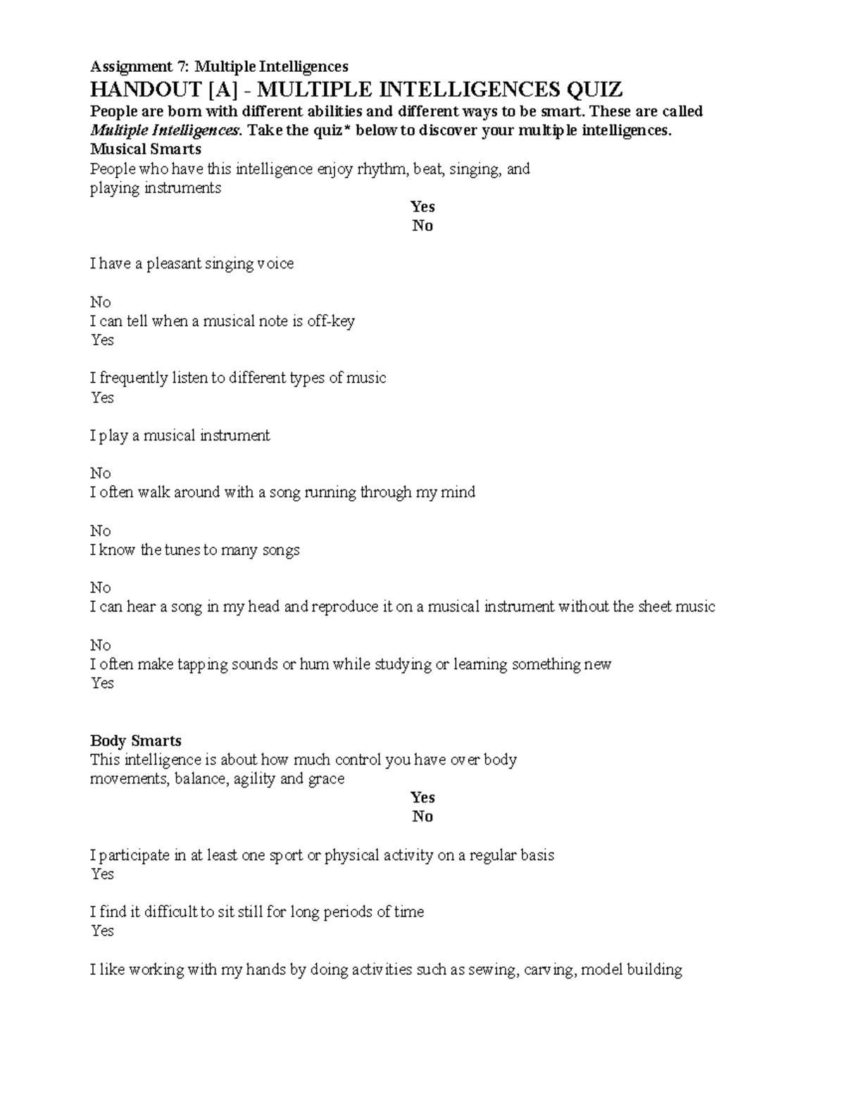 Assignment 7 Multiple Intelligences - Assignment 7: Multiple ...
