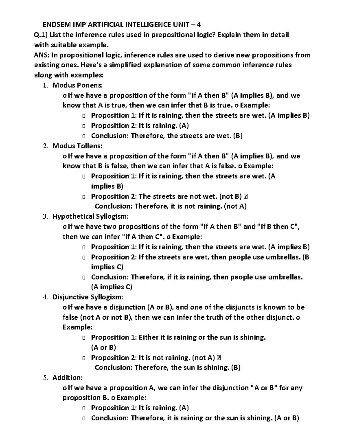 AI UNIT 4 - AI UNIT 4 - ENDSEM IMP ARTIFICIAL INTELLIGENCE UNIT – 4 Q] List the inference rules ...