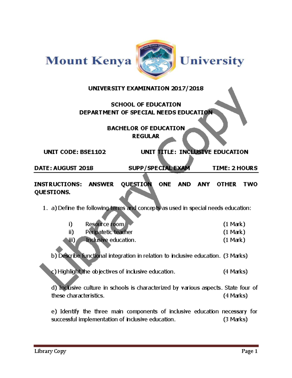 BSE1102 Inclusive Education REG SUPP - Library Copy Page 1 UNIVERSITY ...