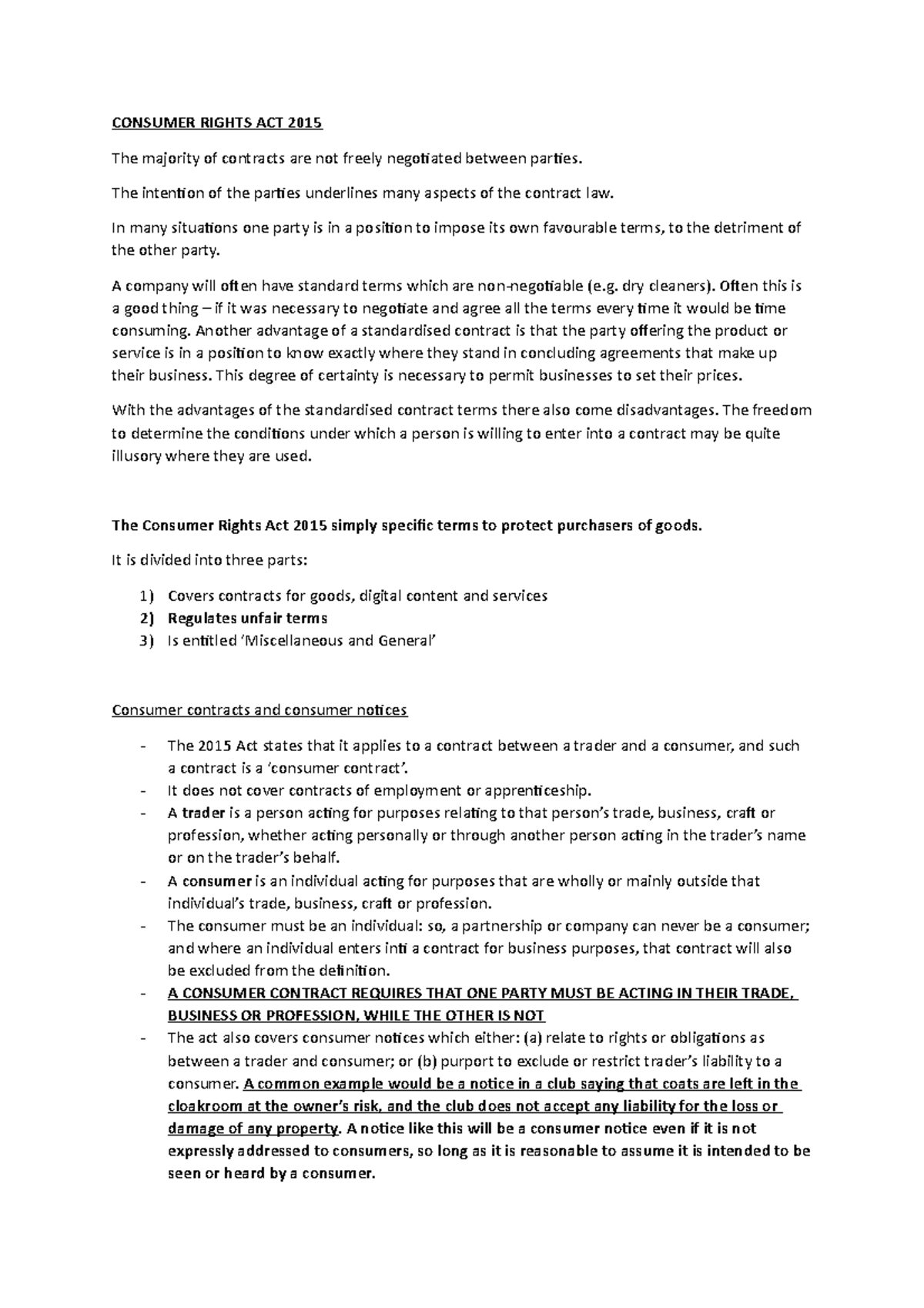 CRA 2015 & UCTA 1977 - Summary CONTRACT - CONSUMER RIGHTS ACT 2015 The ...