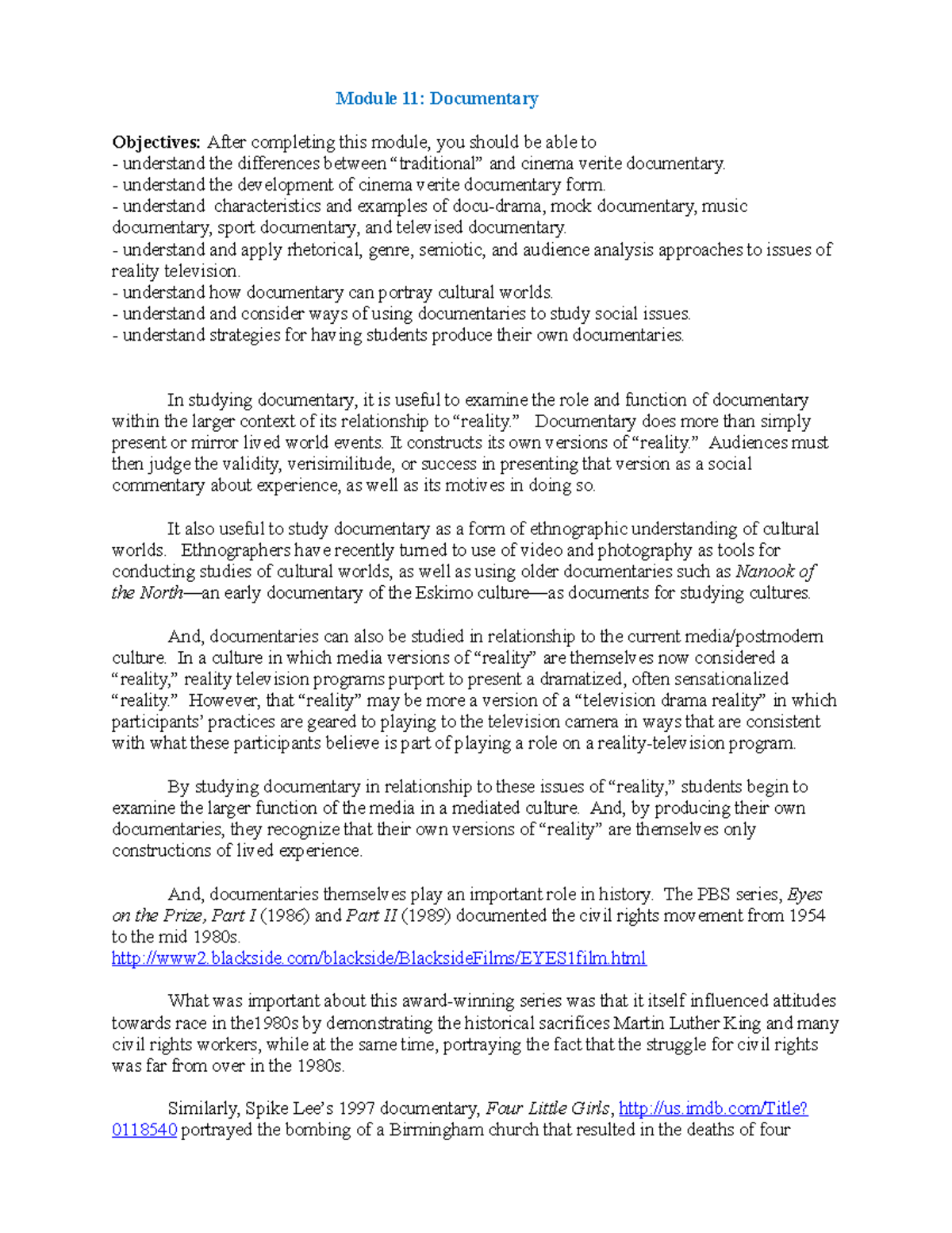 Ch11 Documentary - Cinema - Module 11: Documentary Objectives: After ...