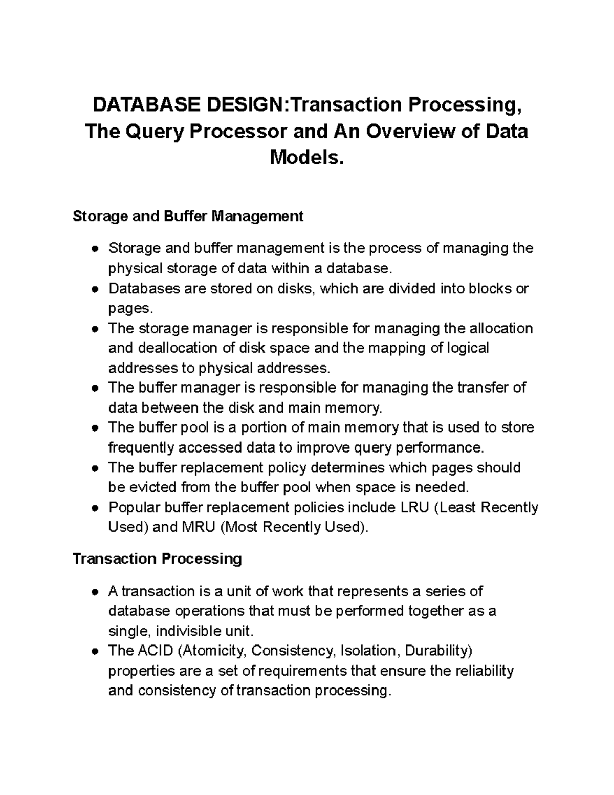 Database Design Transaction Processing The Query Processor and An ...