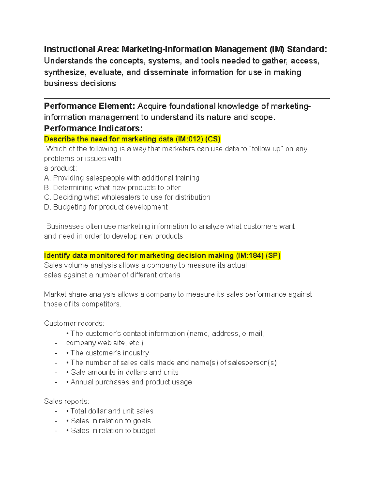 DECA Exam PIs (Organized by importance) - Instructional Area: Marketing ...