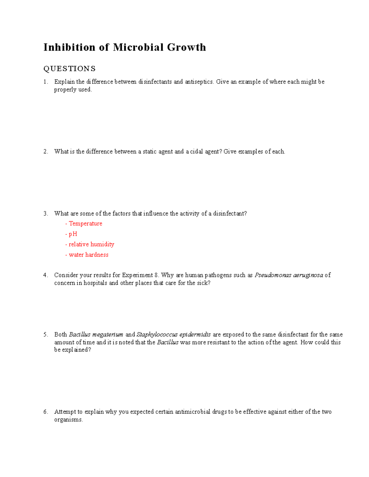 Inhibition of Microbial Growth Worksheet - Inhibition of Microbial ...