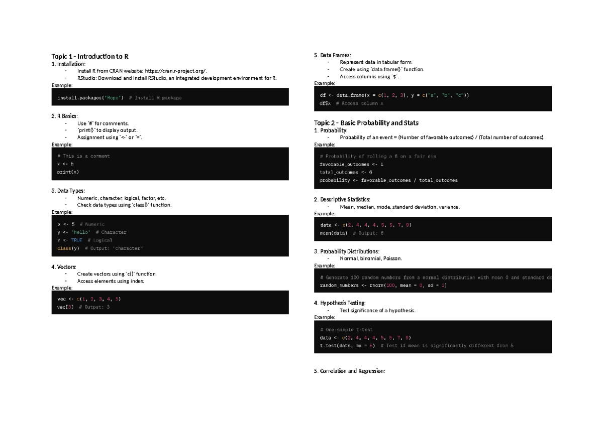 AY23/24 Mid-term Cheatsheet - Topic 1 - Introduction to R 1 ...