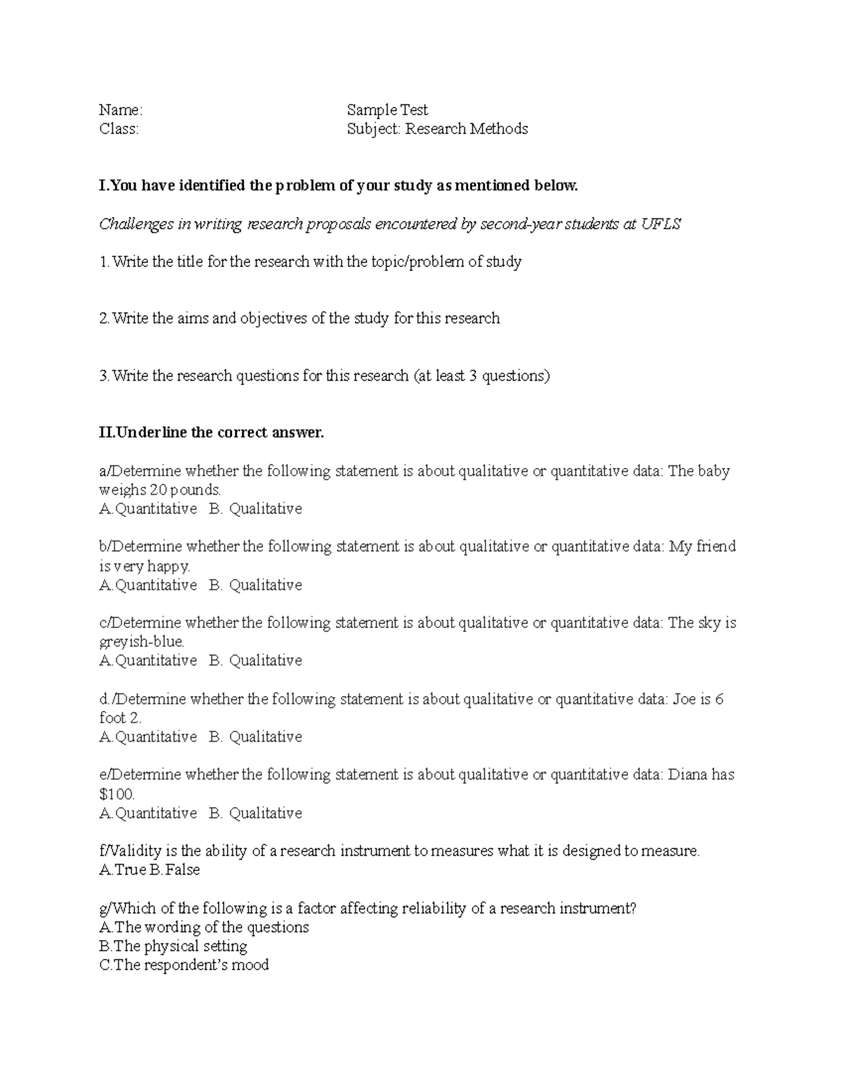 Sample Test RM - This is my curriculum - Name: Sample Test Class ...