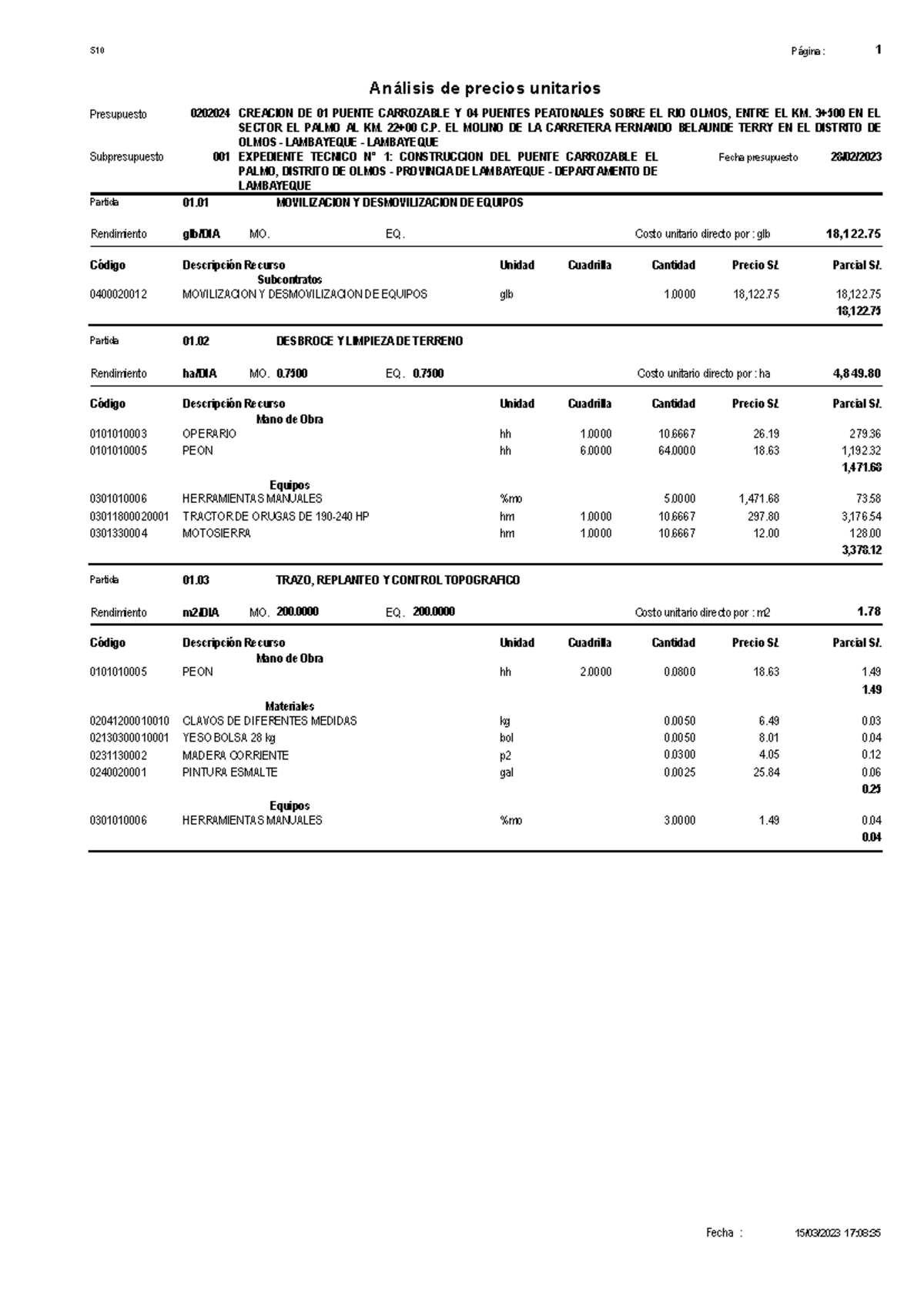 3. Analisis de precios unitarios - Presupuesto 0202024 CREACION DE 01 ...