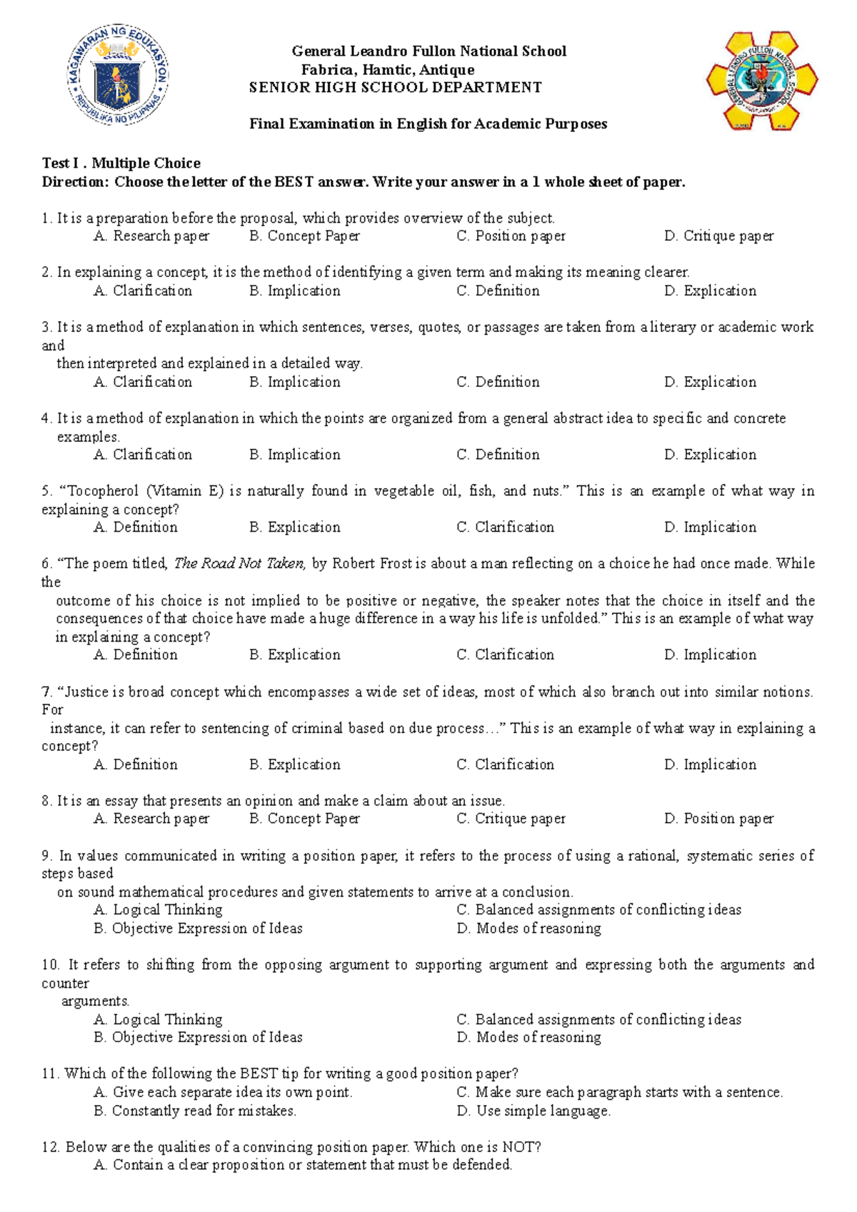 Final Exam in English for academic purposes - General Leandro Fullon ...