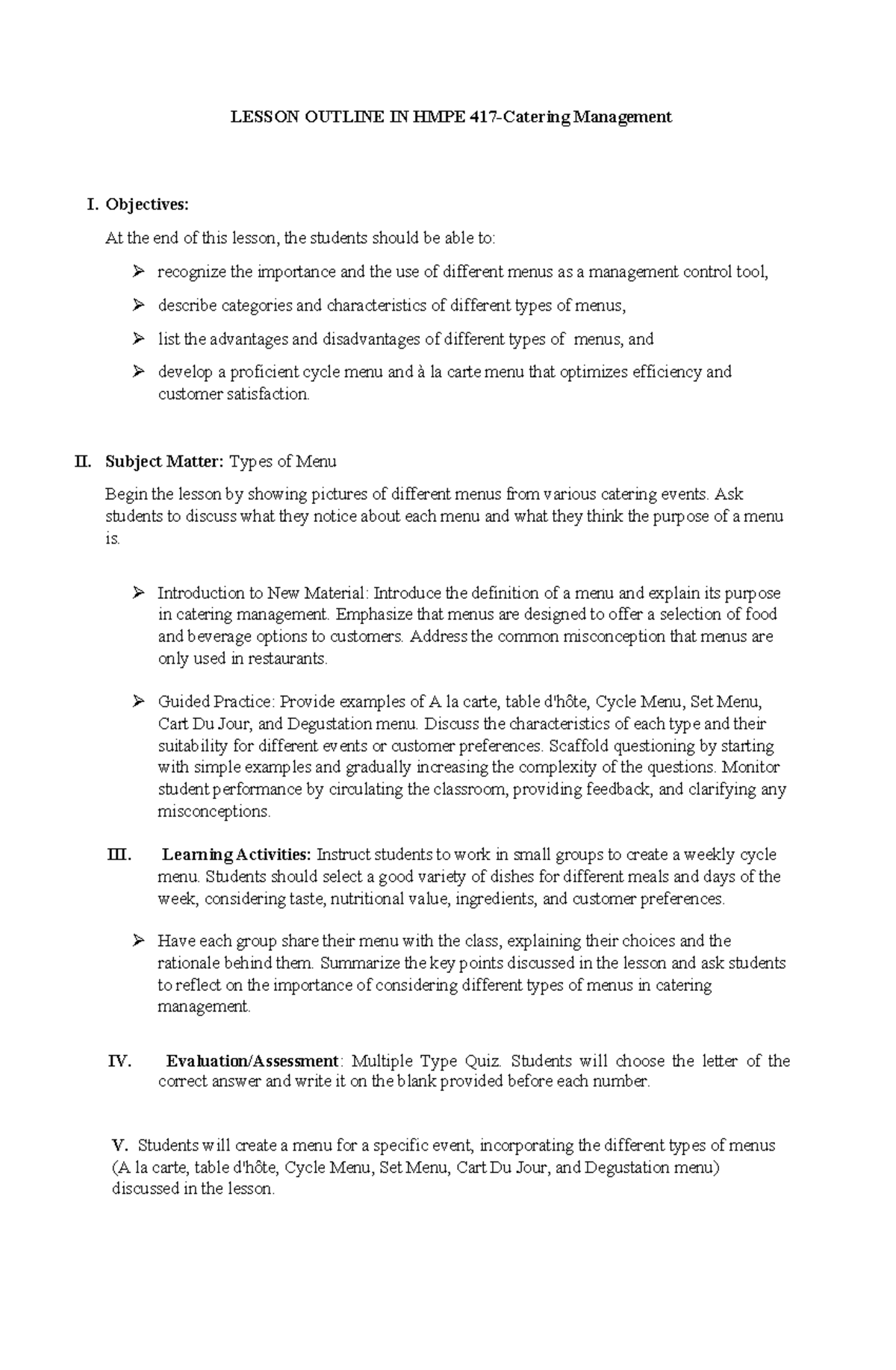 Types of Menu Lesson Outline - LESSON OUTLINE IN HMPE 417-Catering ...