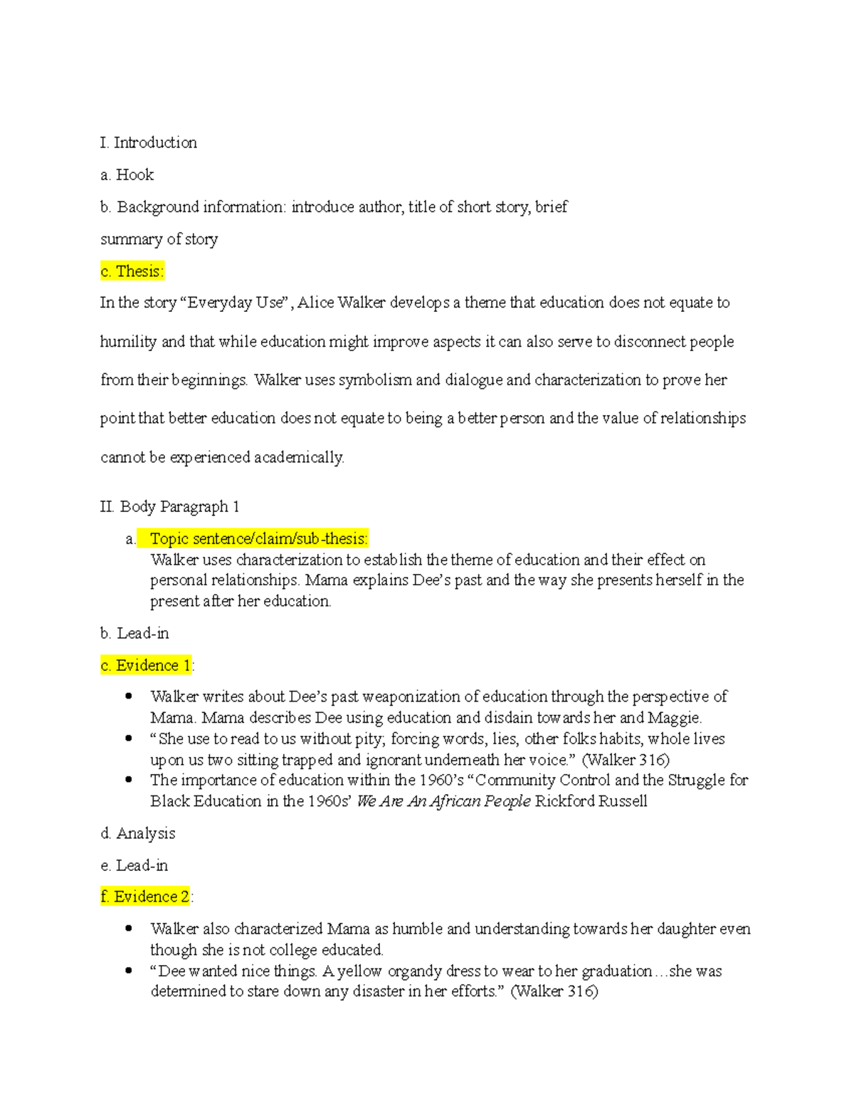 Outline Literary analysis essay - I. Introduction a. Hook b. Background ...