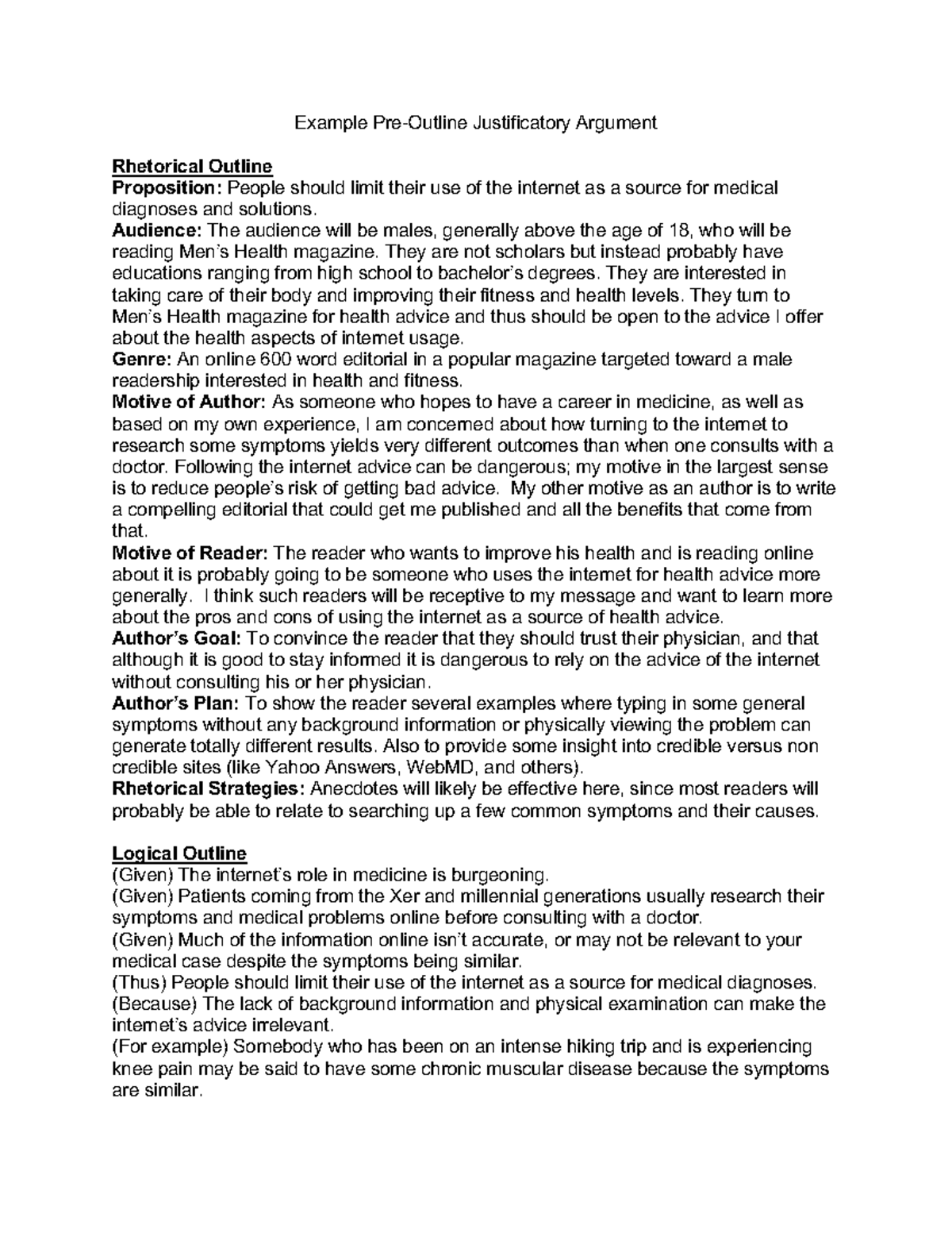 Pre-Outline Justificatory Example - Example Pre-Outline Justificatory ...