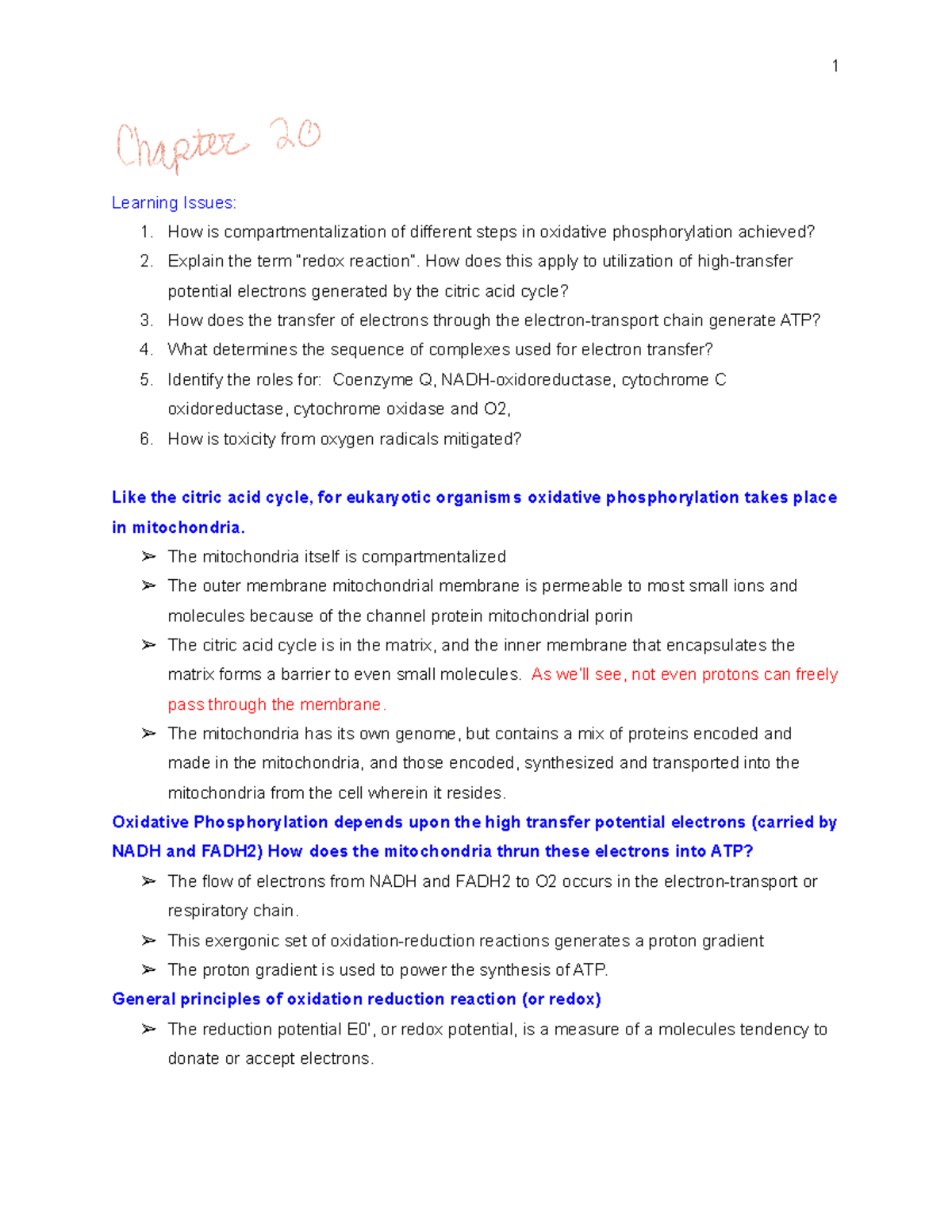 Biochem Notes Chapt. 20 - Learning Issues: 1. How is ...