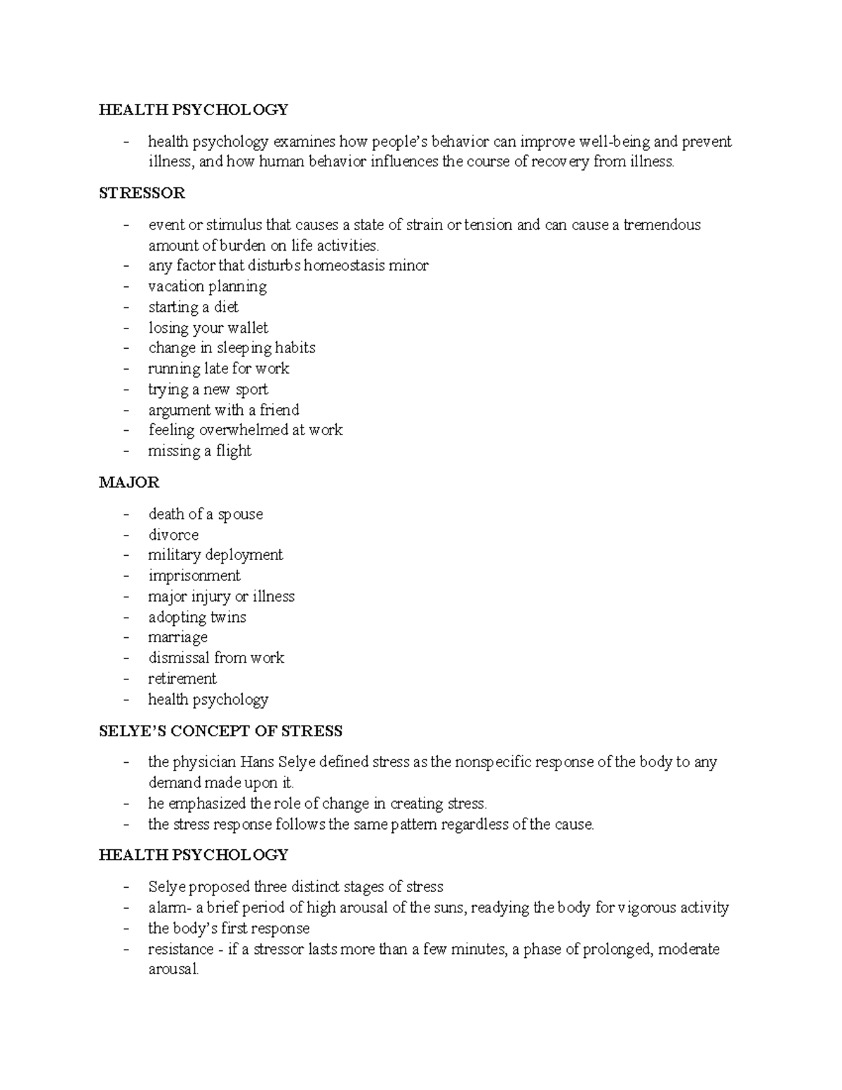 Stress AND Coping Notes 1 - HEALTH PSYCHOLOGY health psychology ...