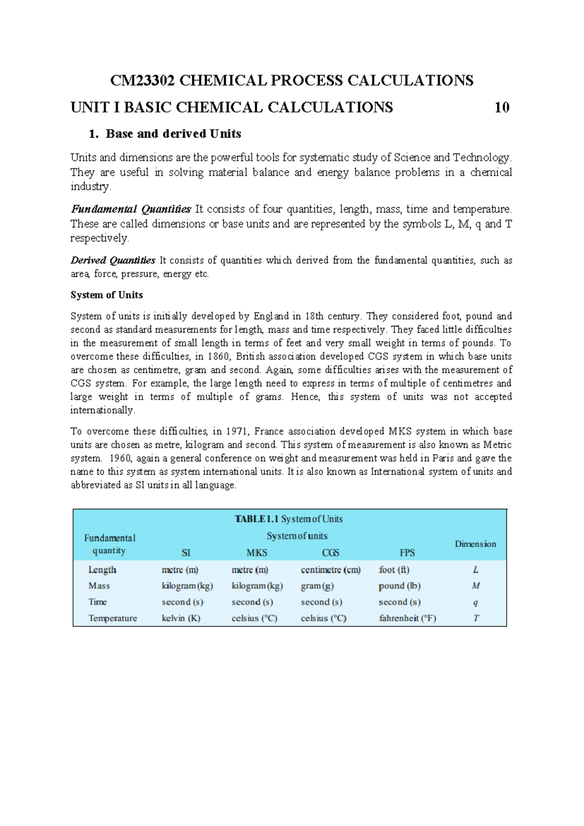 Unit I - CPC - Notes - CM23302 CHEMICAL PROCESS CALCULATIONS UNIT I ...
