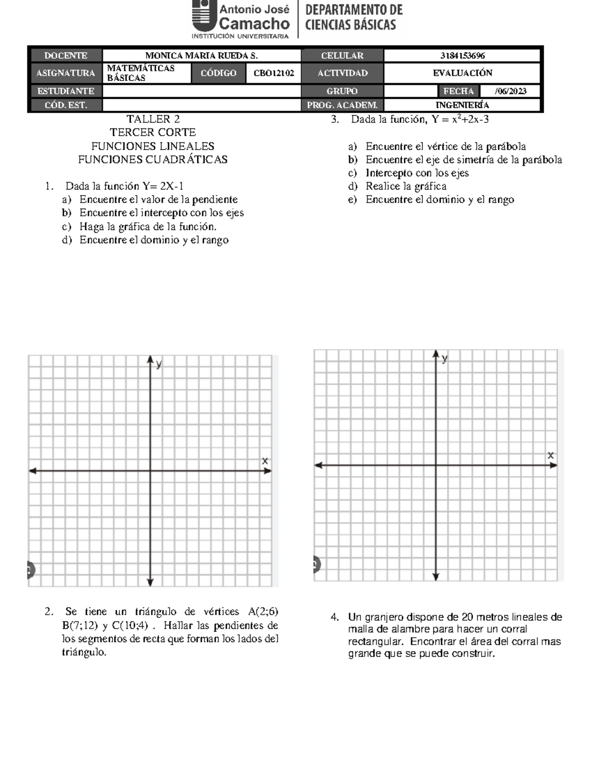 Funcion Lineal Y Funciã N Cuadrã TICA MB (1) - TALLER 2 TERCER CORTE ...