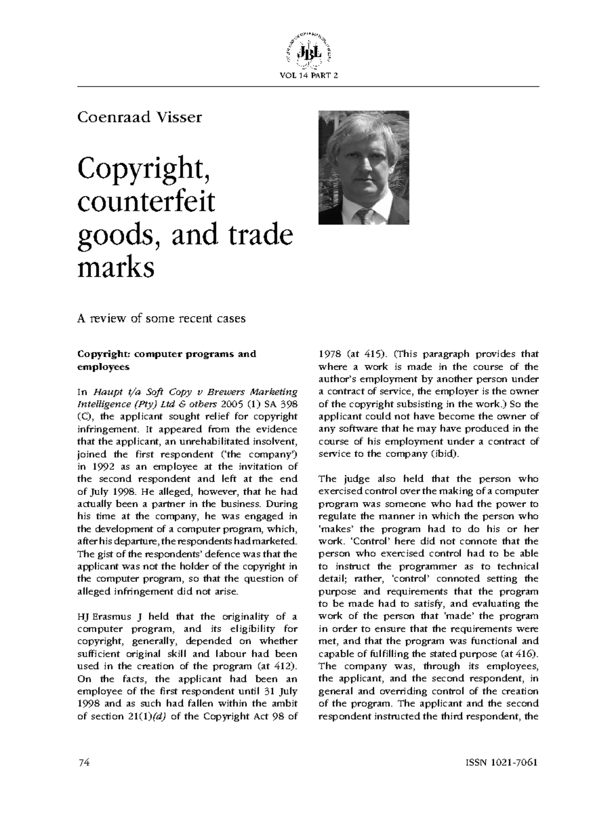 Visser article on counterfeit goods - Coenraad Visser Copyright ...
