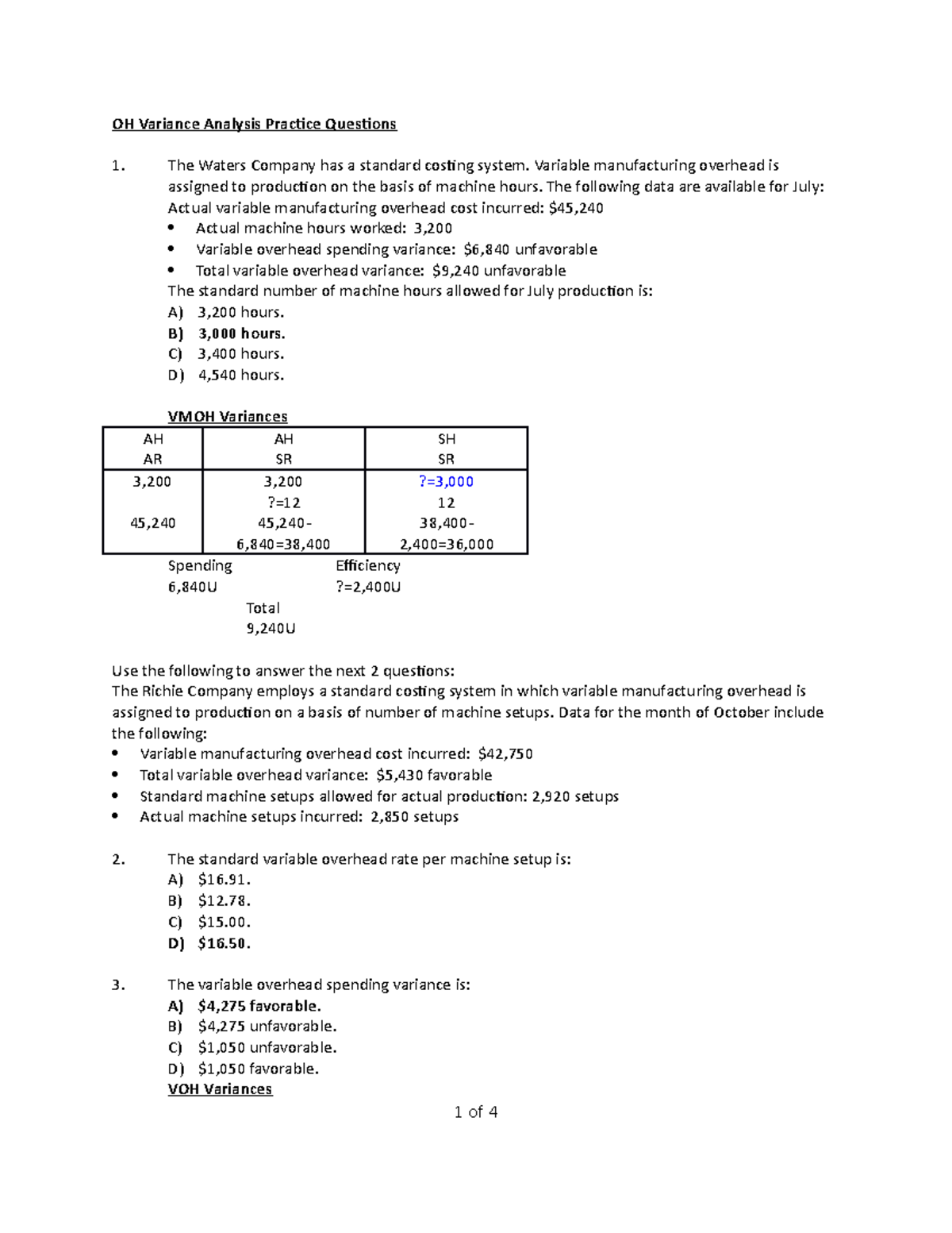 10b OH Variance Analysis Practice Questions with Ans - OH Variance ...