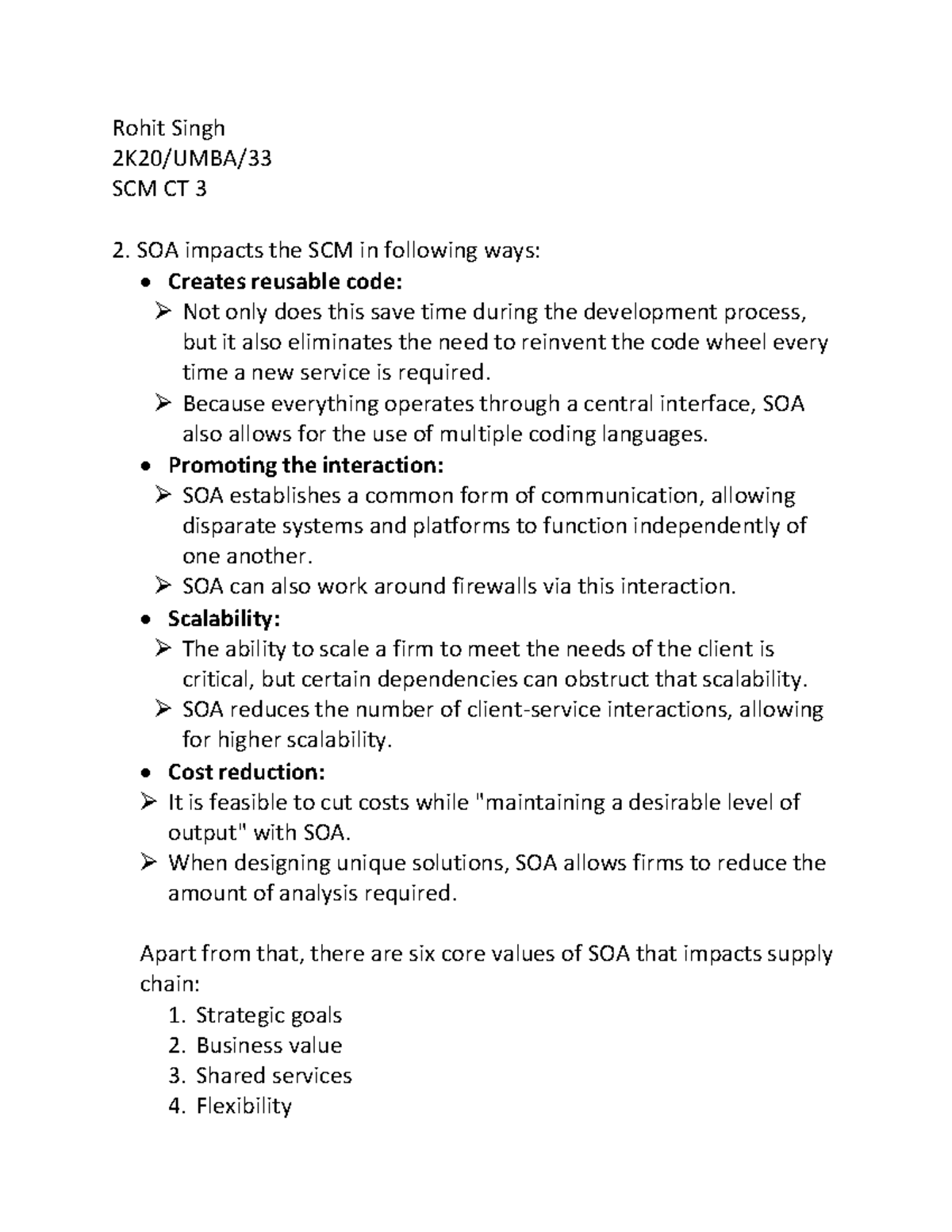 Supply chain management assignment - Rohit Singh 2K20/UMBA/ SCM CT 3 SOA impacts the SCM in ...