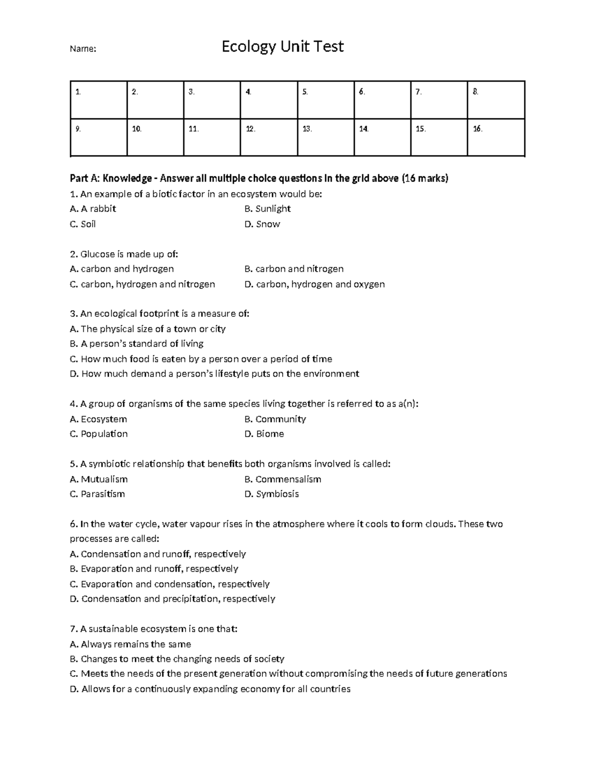Ecology Unit Test Practice - Name: Ecology Unit Test 1. 2. 3. 4. 5. 6 ...