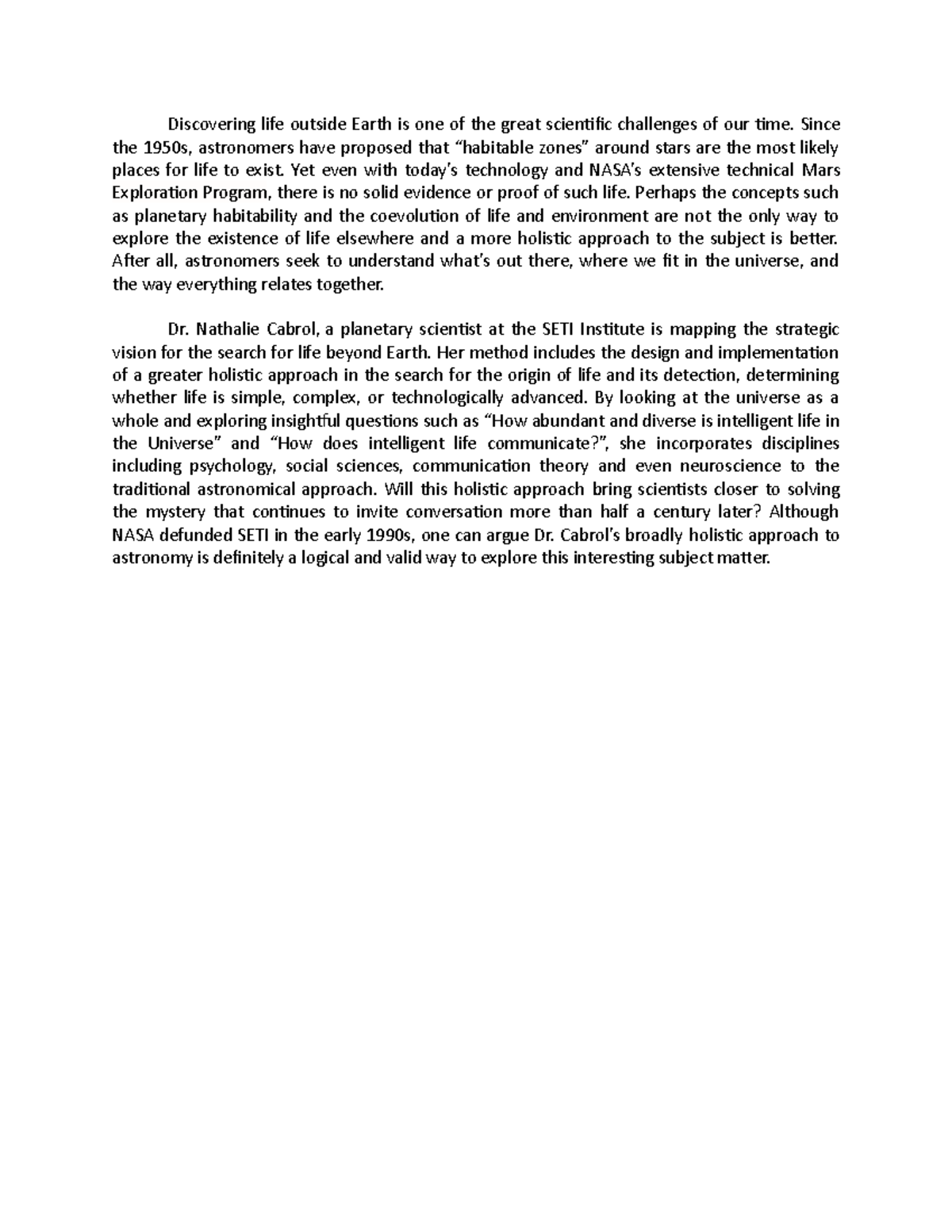 2 paragraphs - notes - Discovering life outside Earth is one of the ...