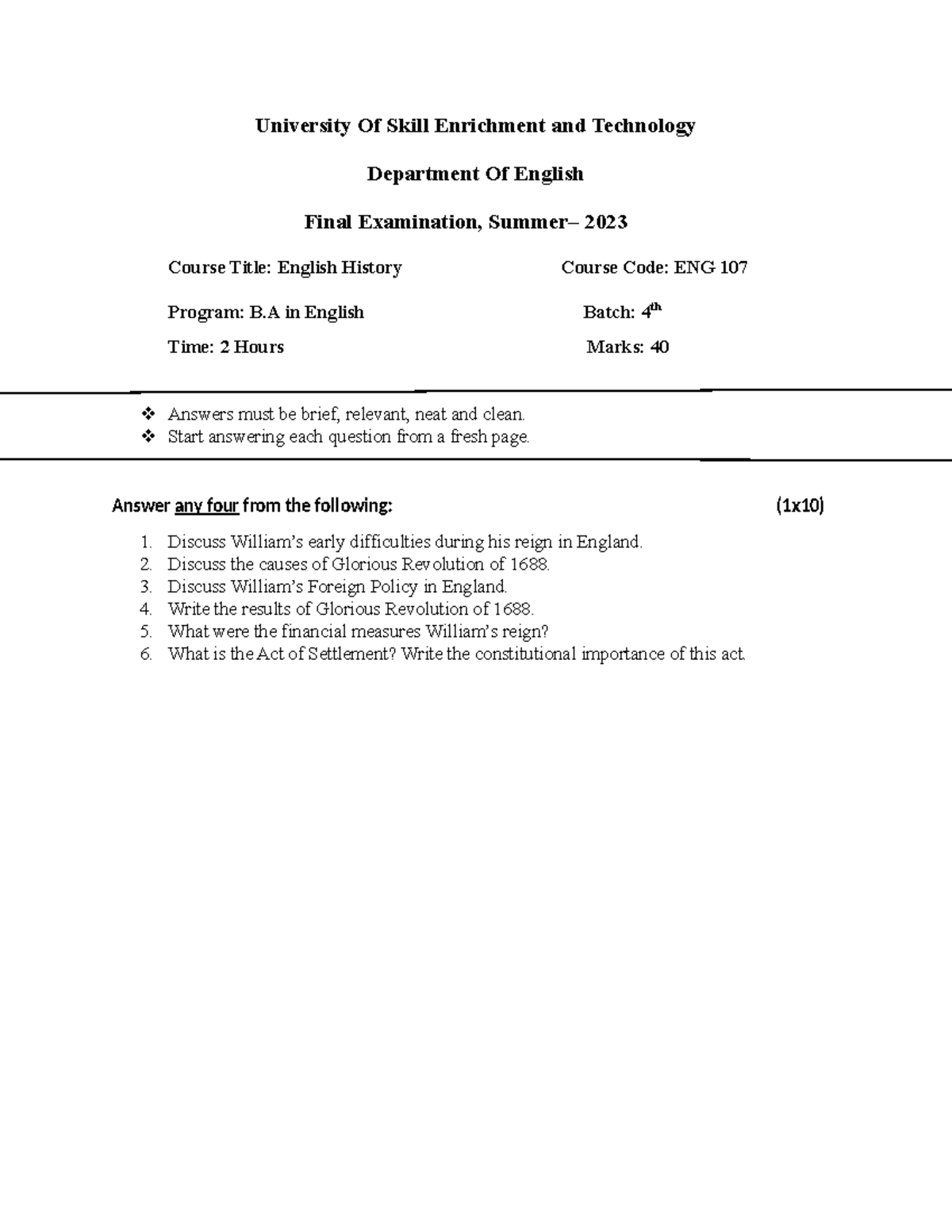 232 ENG 107 English history ,batch 4th copy 2 - University Of Skill ...