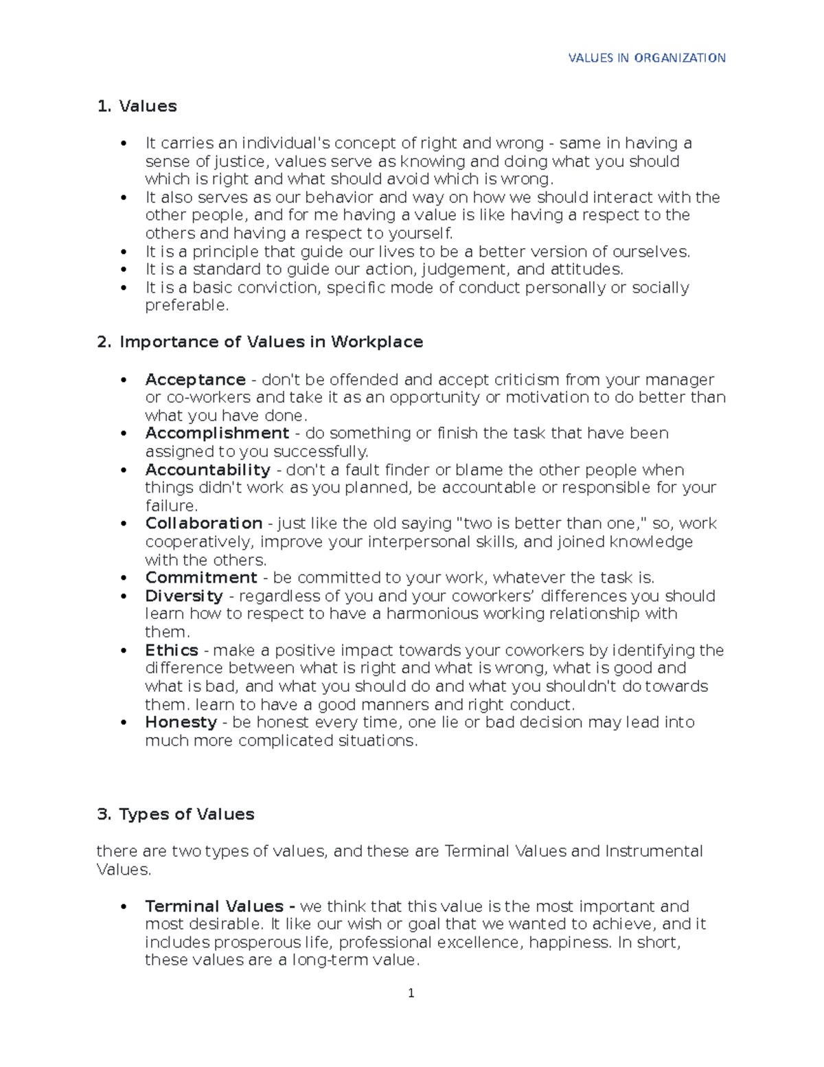 Values IN Workplace OR Organization - VALUES IN ORGANIZATION Values It ...