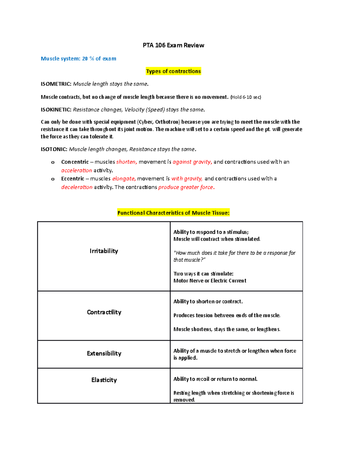Kinesiology Study Guide for Exam 2 - PTA 106 Exam Review Muscle system ...