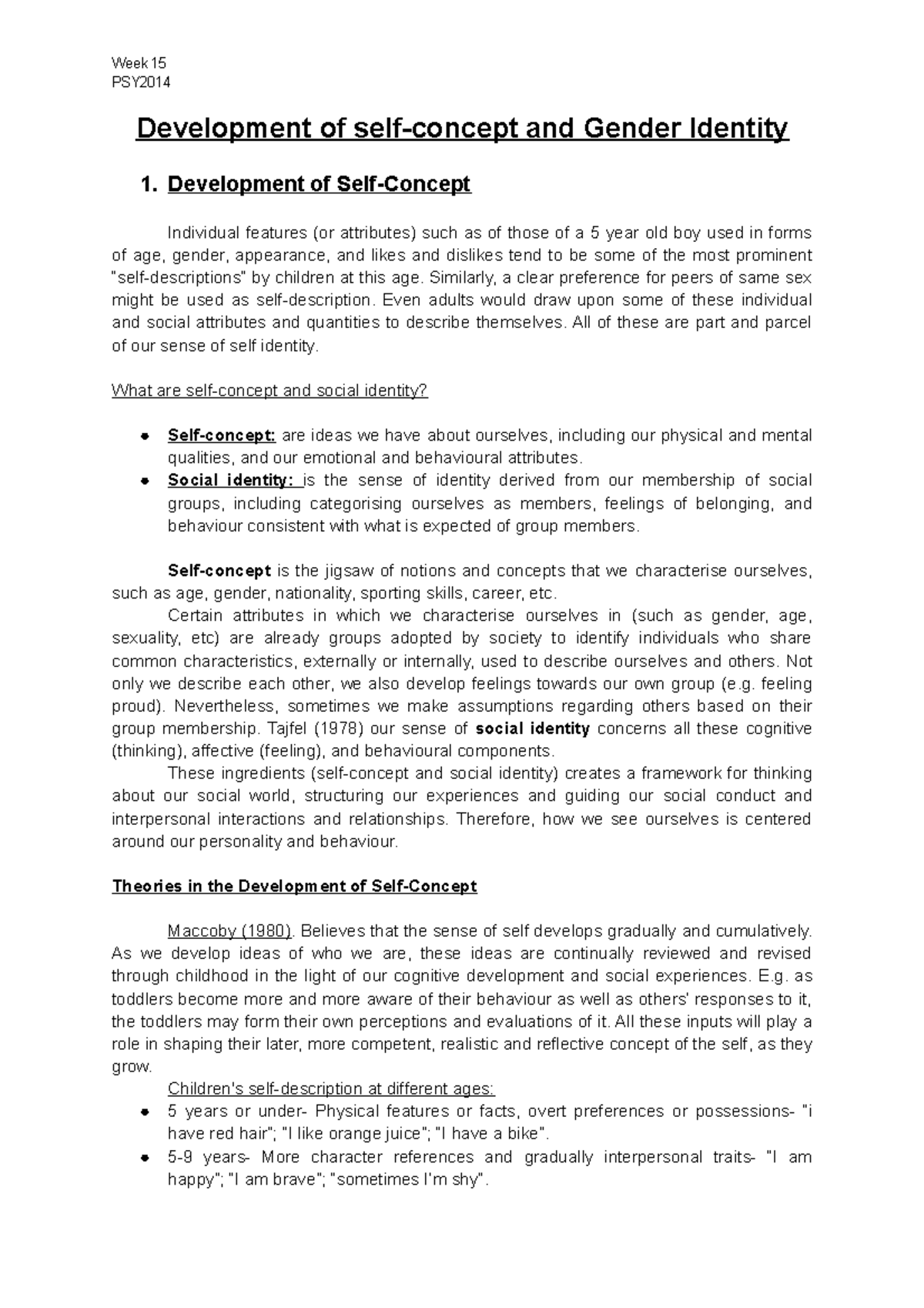 Week 15- PSY2014- Development of self-concept and Gender Identity ...