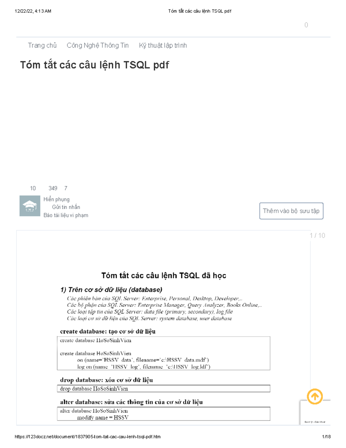 Tóm tắt các câu lệnh TSQL pdf - Trang chủ Công Nghệ Thông Tin Kỹ thuật lập trình Tóm tắt các câu ...