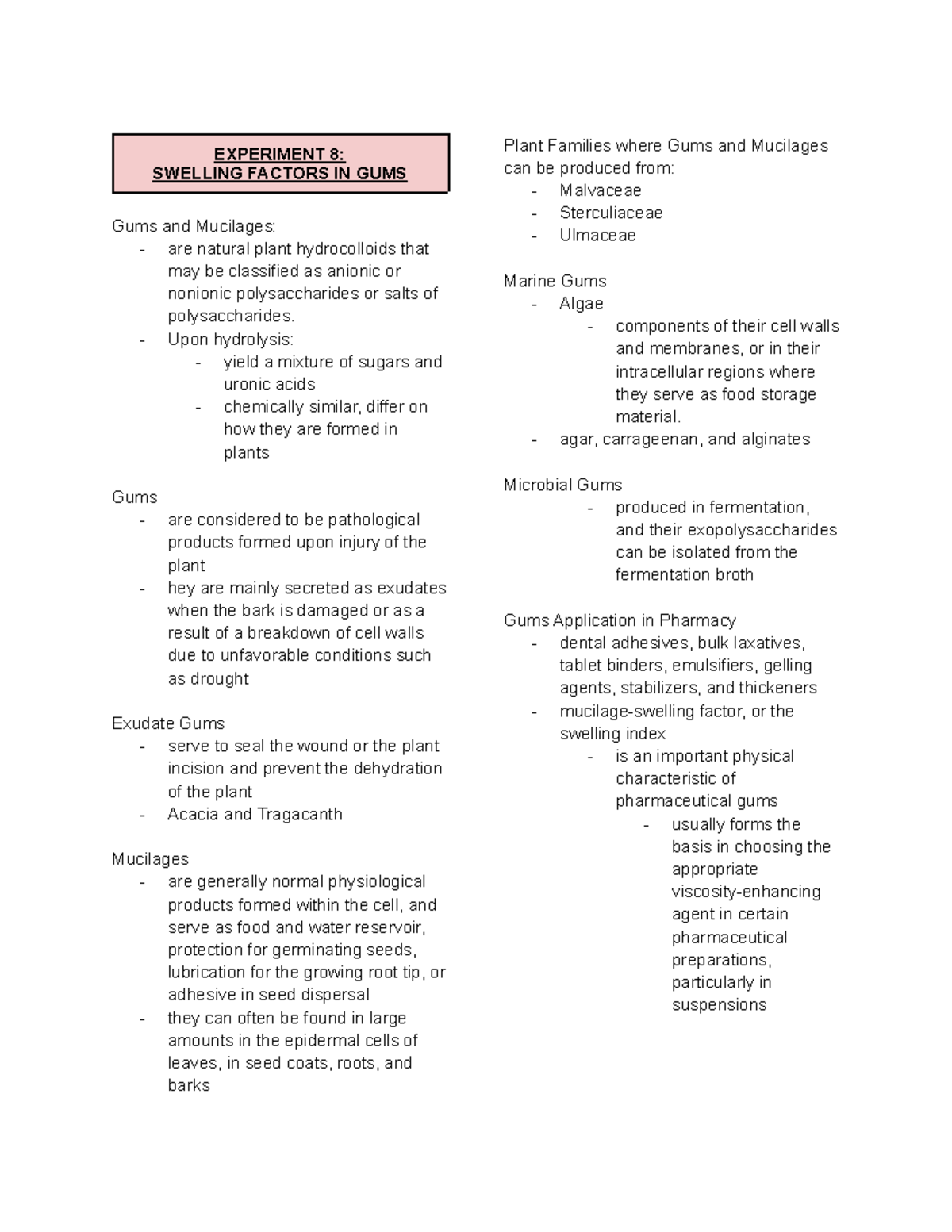 PCOG LAB Midterms Compilation - EXPERIMENT 8: SWELLING FACTORS IN GUMS ...