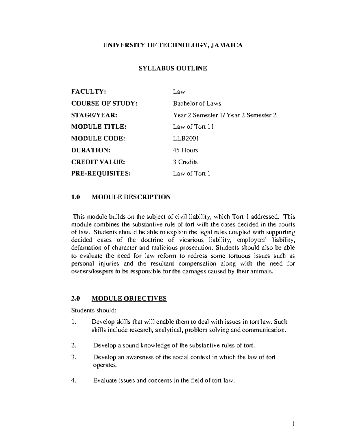 Law of Tort 2 Syllabus Utech - UNIVERSITY OF TECHNOLOGY, JAMAICA ...