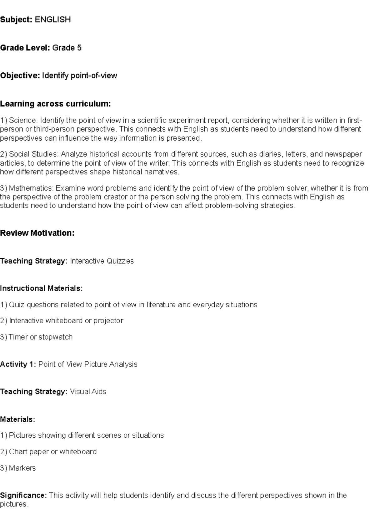 Lesson Plan Grade 5-Point of View - Subject: ENGLISH Grade Level: Grade ...