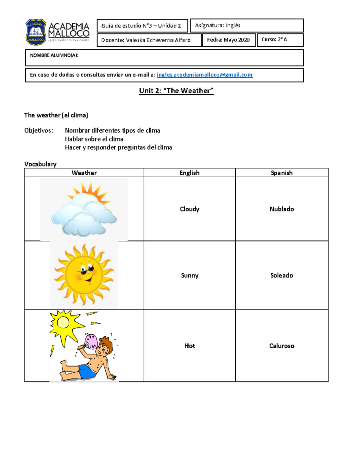 Guia 3 ingles 2do - guia repaso - Unit 2: “The Weather” The weather (el ...