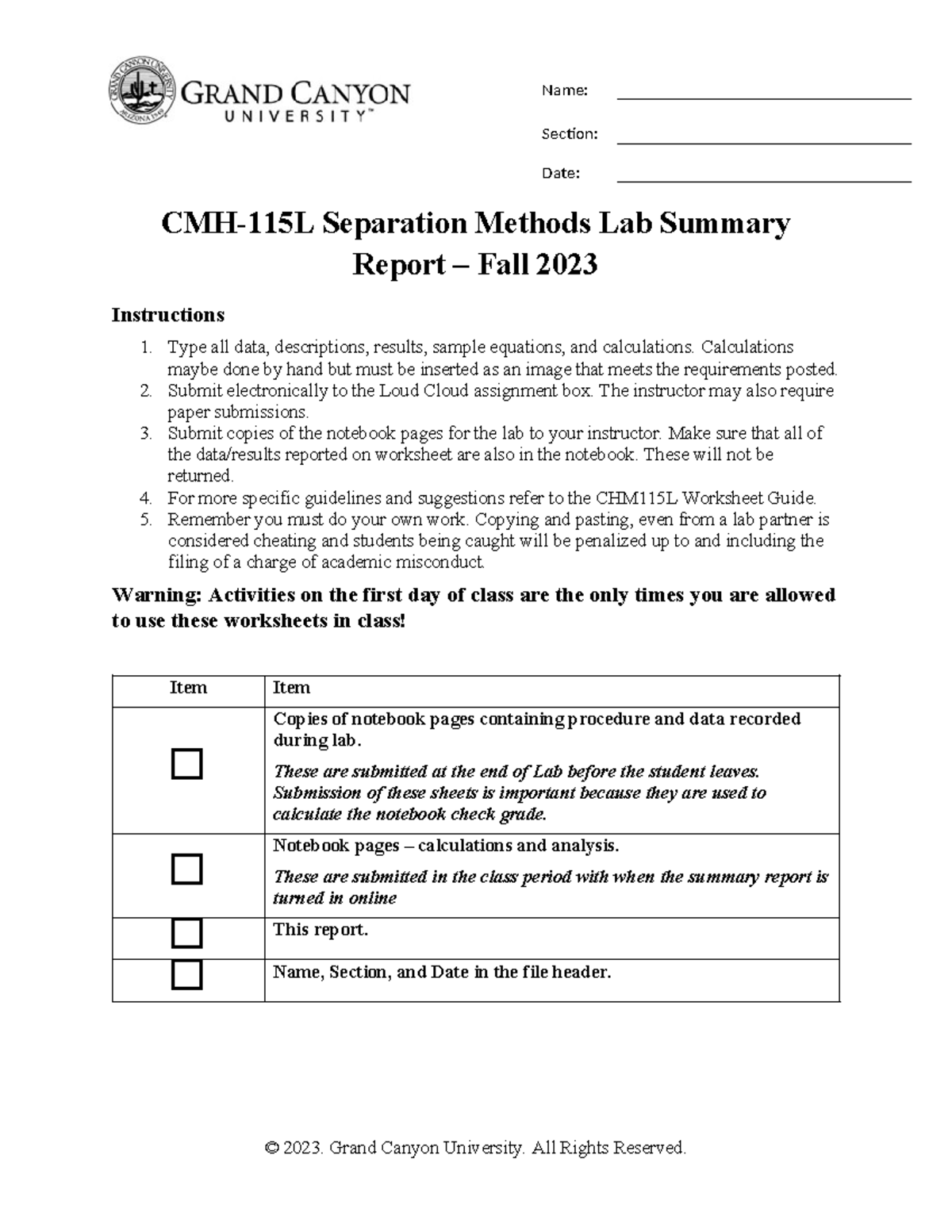 Separation Methods Gcu Section Date Cmh 115l Separation Methods Lab