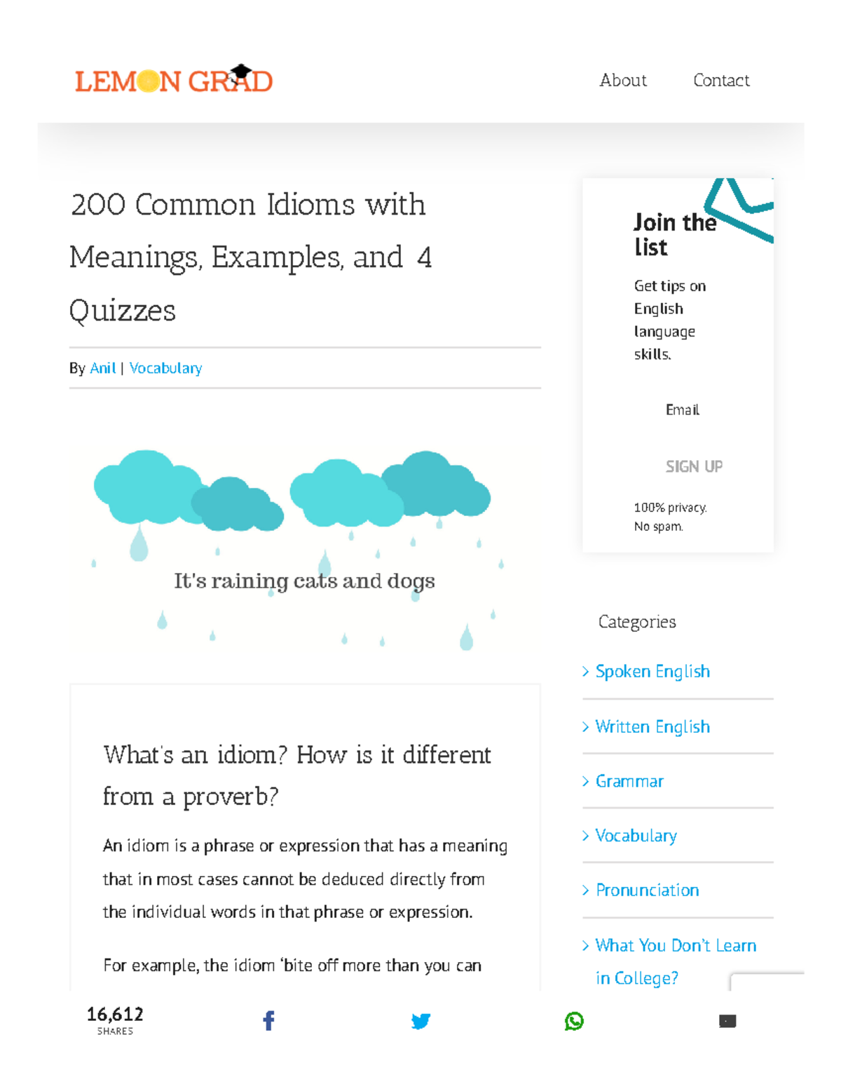 200 Common Idioms with Meanings, Examples, and 4 Quizzes Lemon Grad ...