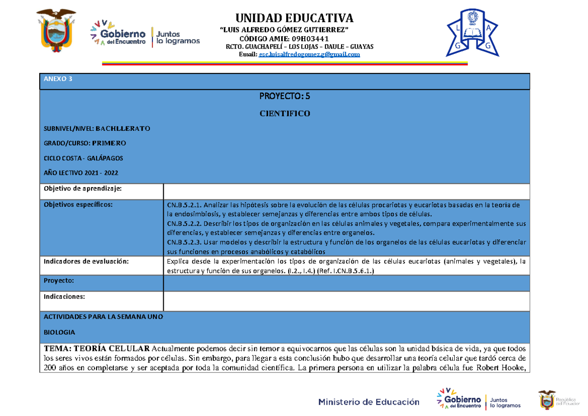 ACT Semanales BIO PROY 5 Interd Cientifico 1BGU - UNIDAD EDUCATIVA