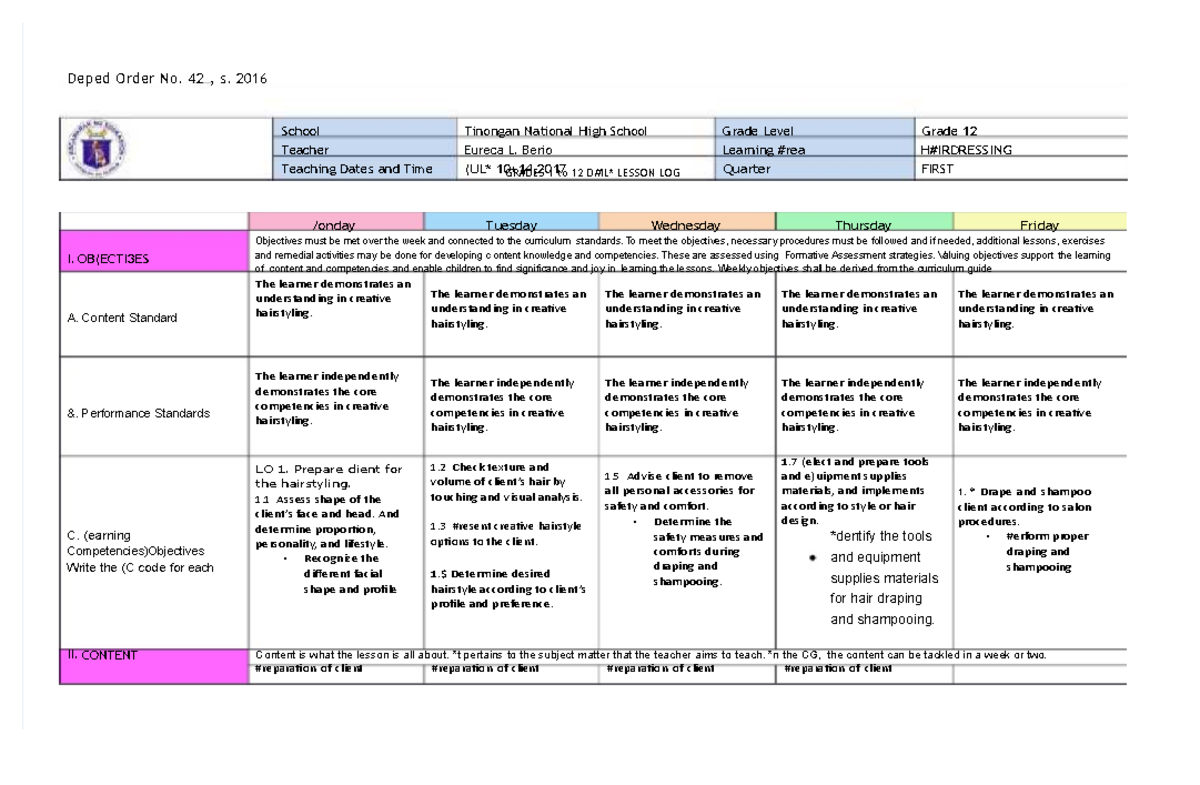 Hairdressing-dll - Hair - GR#DES 1 to 12 D#IL* LESSON LOG Deped Order ...