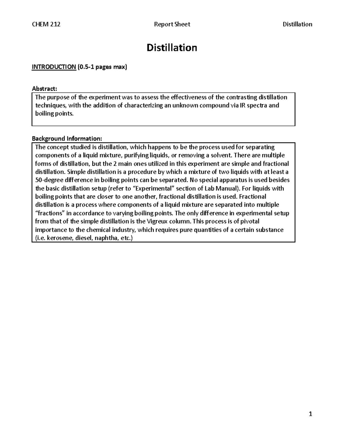 212 report sheet distillation - Distillation INTRODUCTION (0-1 pages max) Abstract: The purpose ...