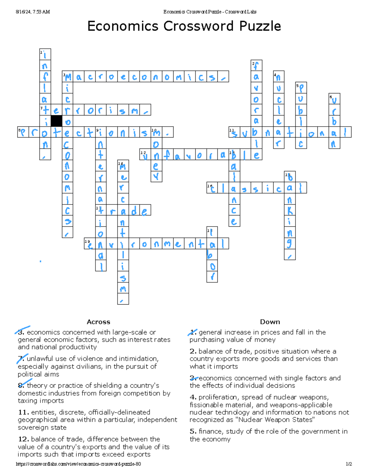 Kami Export - Economics Crossword Puzzle - Crossword Labs - 8/16/24, 7 ...