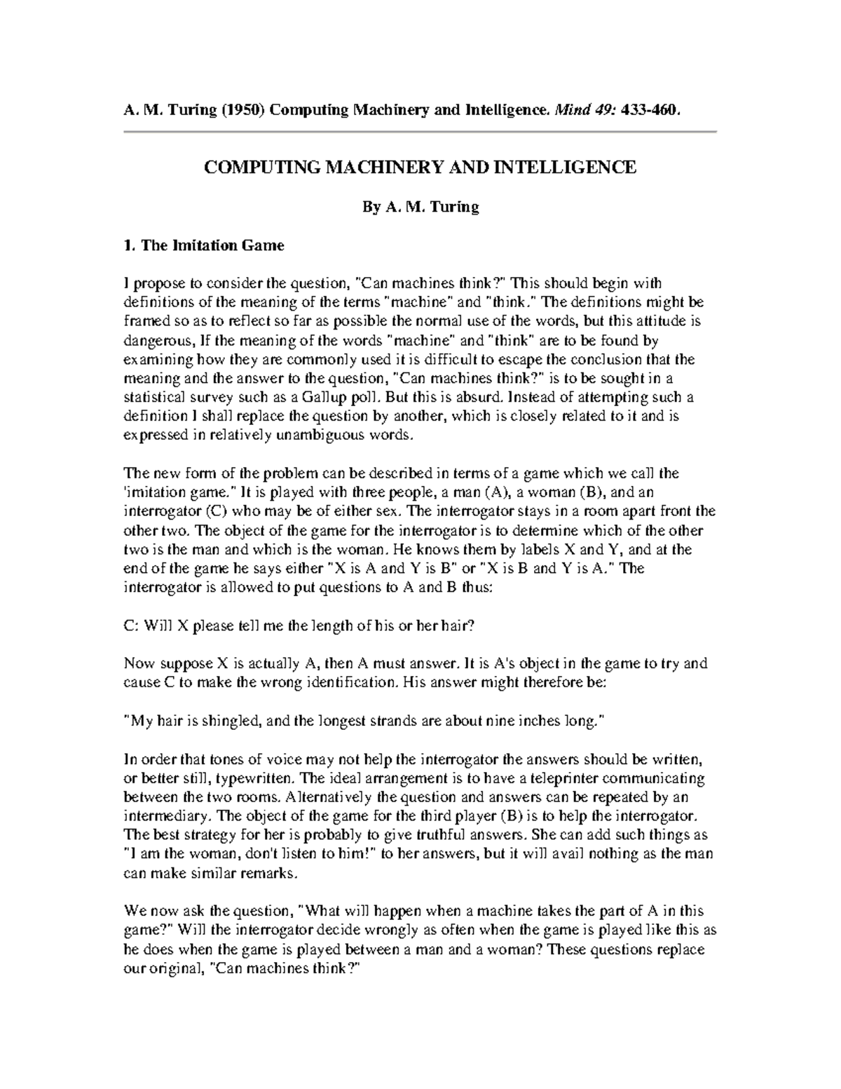 Imitation Game - by Alan Turing - A. M. Turing (1950) Computing ...