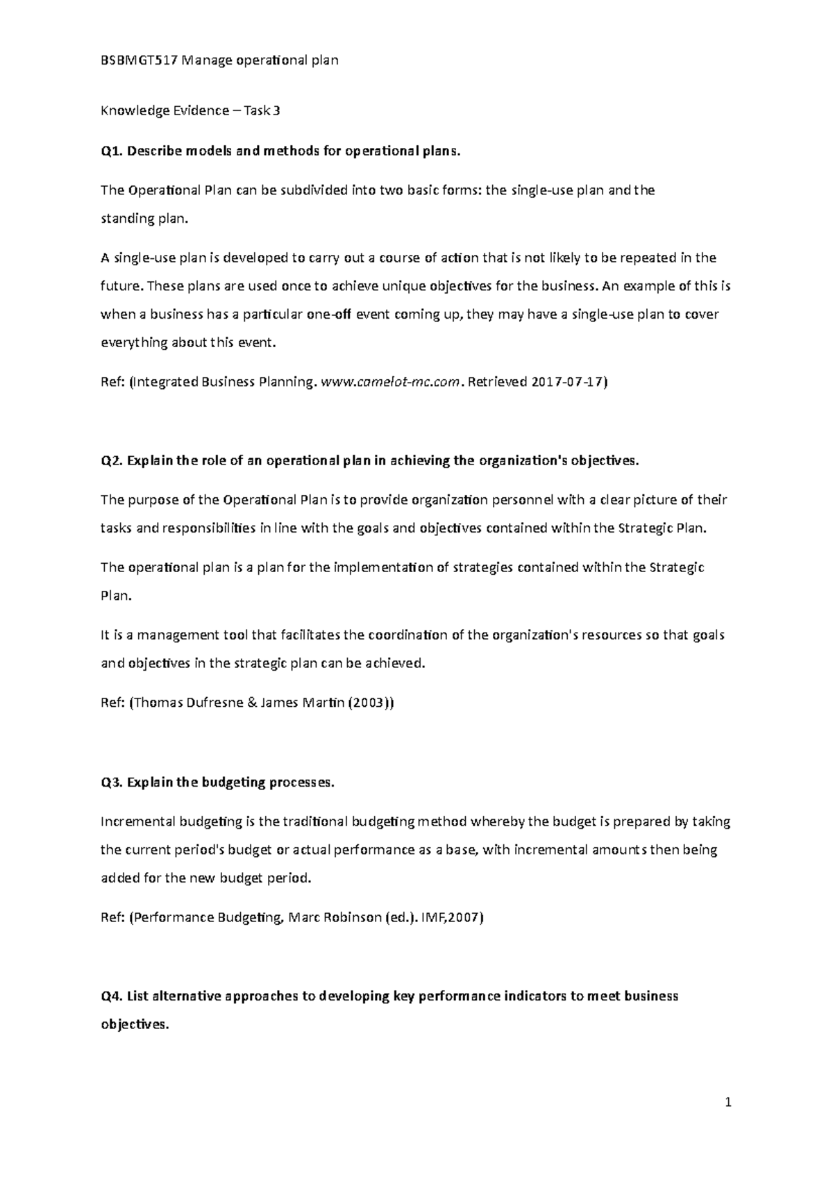 Bsbmgt 517 TASK 3 - Knowledge Evidence - BSBMGT517 Manage operational plan Knowledge Evidence ...