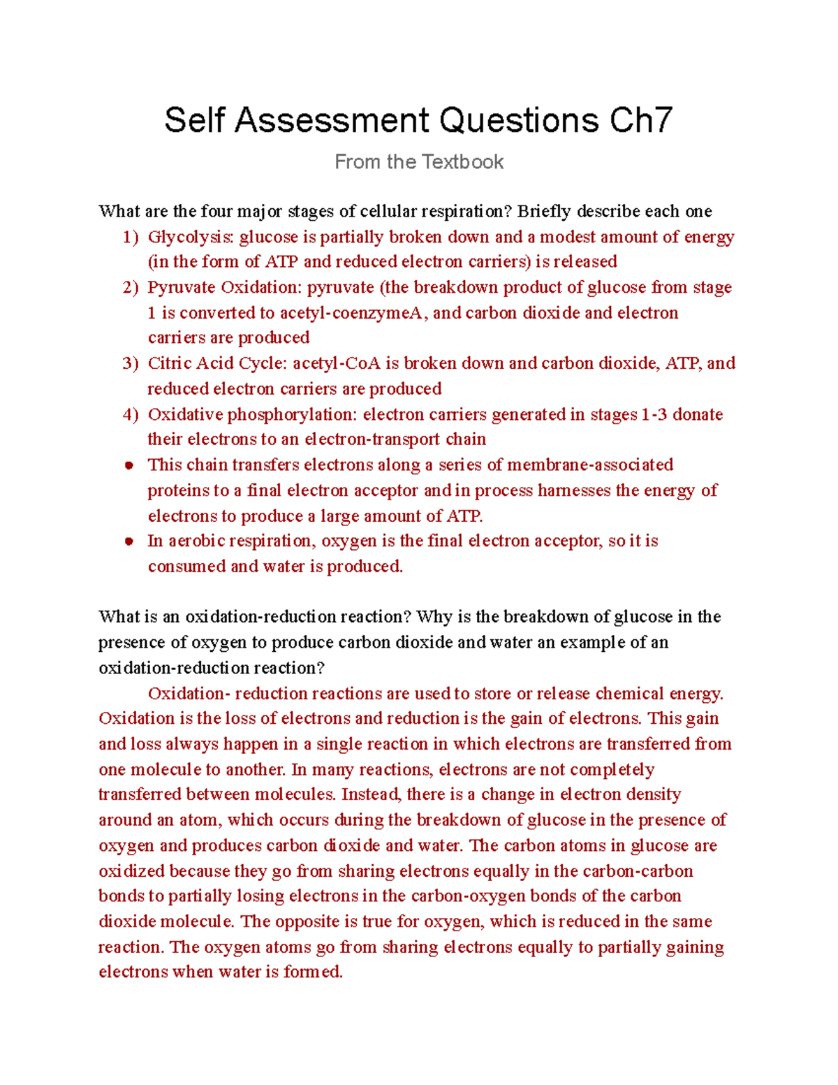 Self Assessment Questions Ch7 - In aerobic respiration, oxygen is the final electron acceptor ...