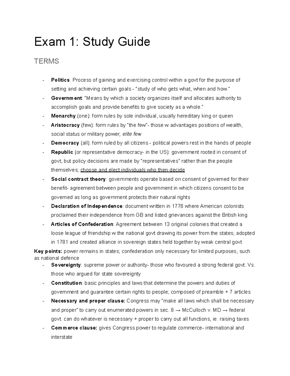 POLI 101 - EXAM 1 Study Guide - Exam 1: Study Guide TERMS Politics ...
