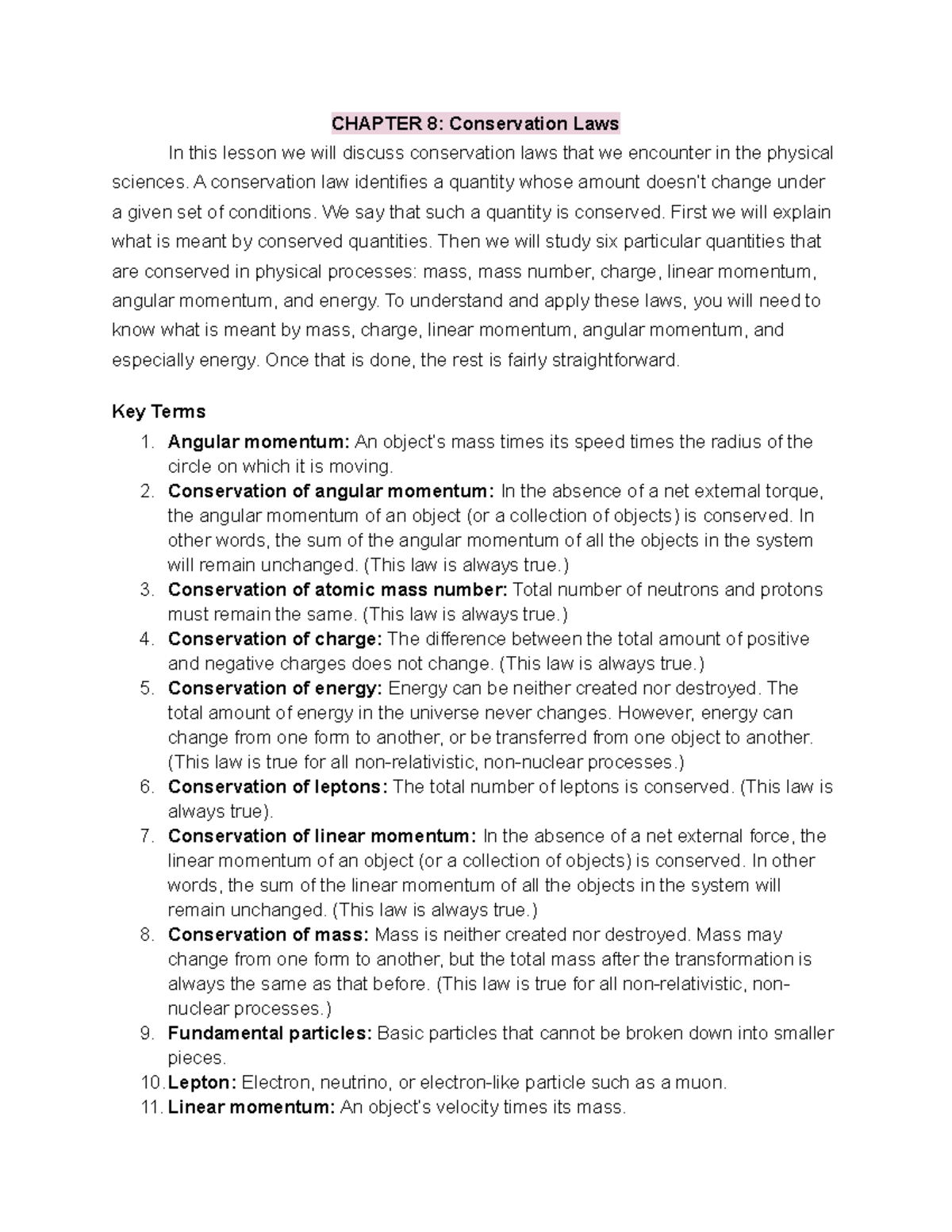 PHY S 100 - Lesson 8 Notes - Conservation Laws - CHAPTER 8 ...