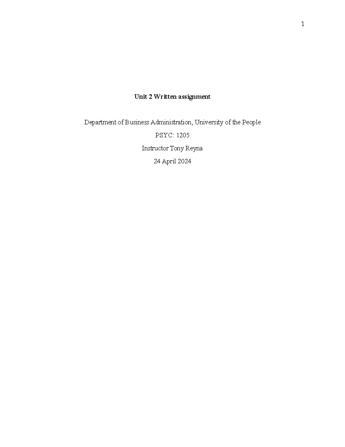 PSYC 1205 Unit 2 Written assignment - Unit 2 Written assignment Department of Business - Studocu