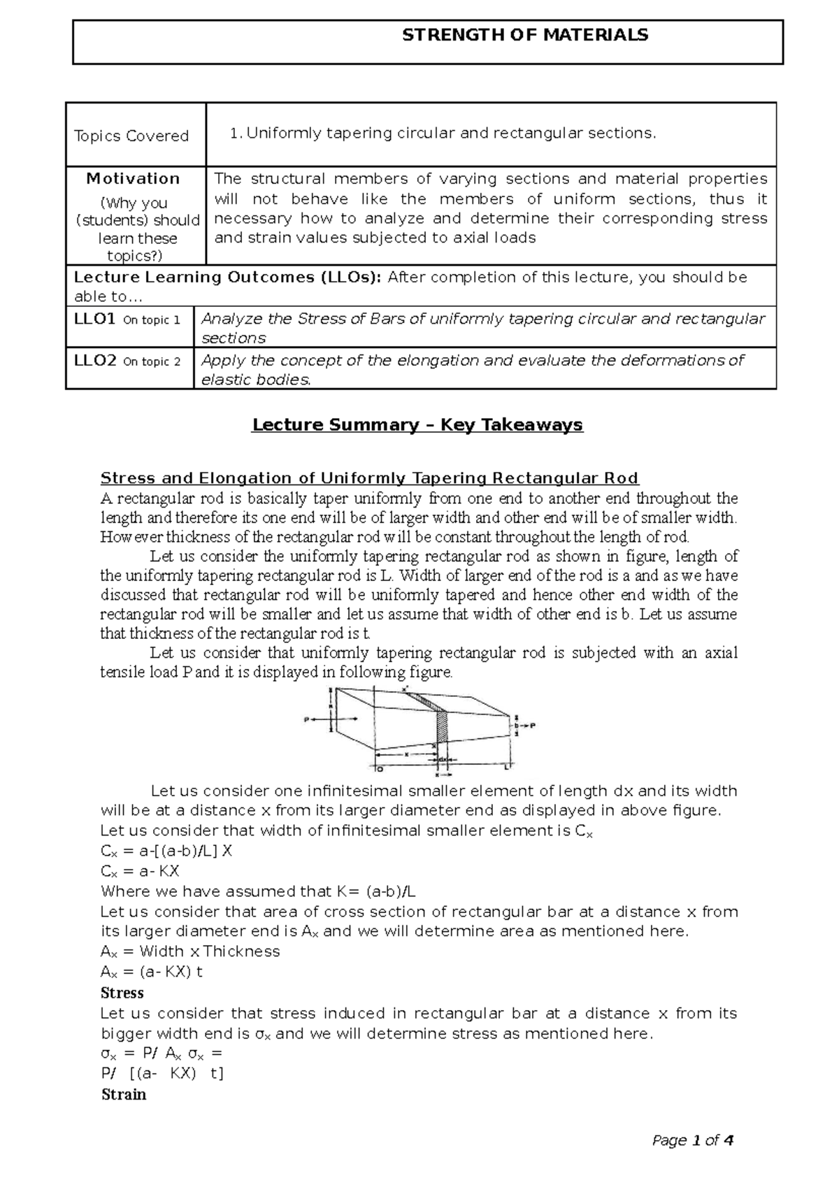 Uniformly tapering circular and rectangular sections - Topics Covered 1 ...